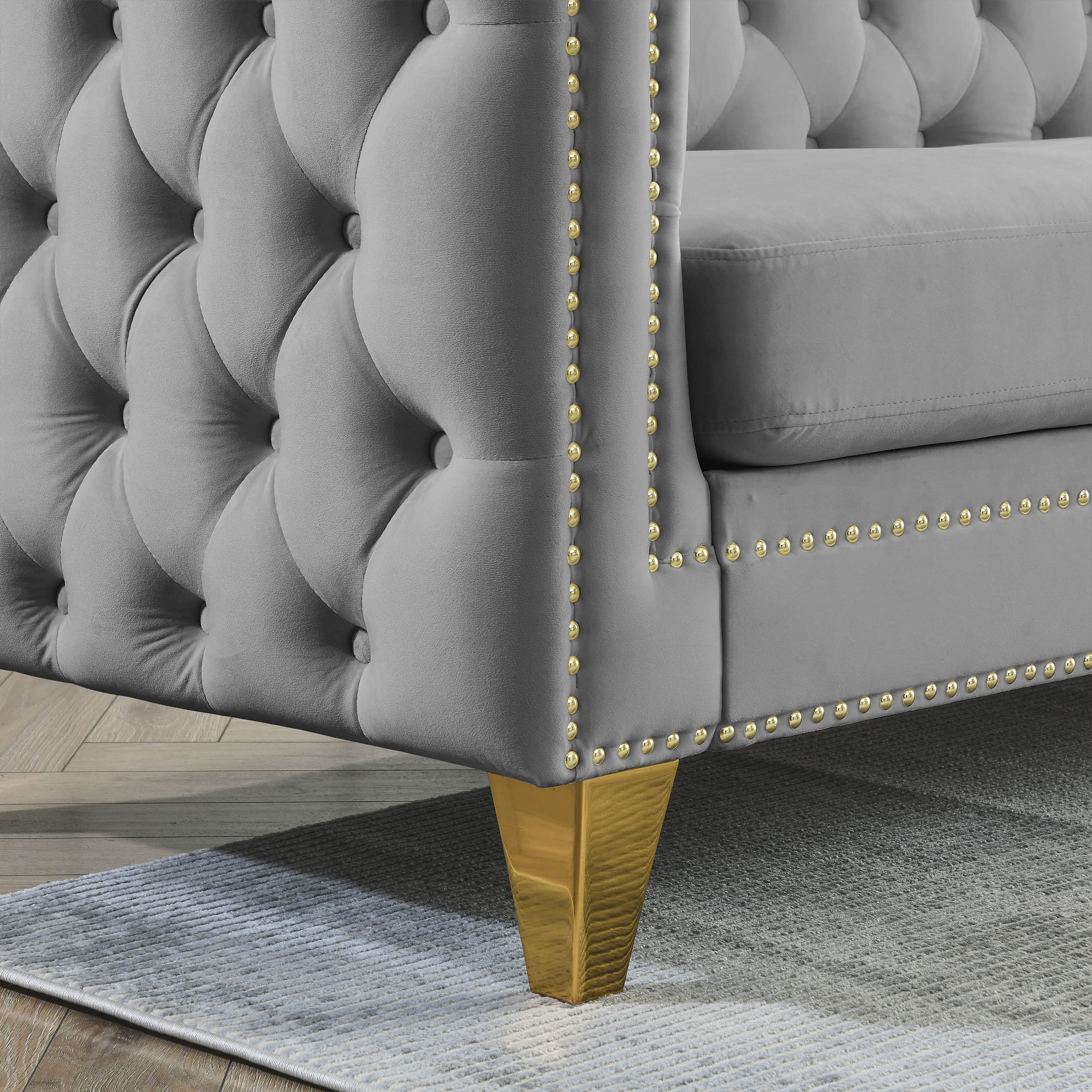 Merax L-Shaped 82.2-inch Sofa Couch, Luxury Classic Chesterfield Velvet Corner Sofa, Button Tufted Upholstered Sectional Corner Sofa with 3 Pillows and Metal Legs, Grey