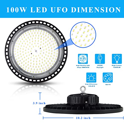 High Bay Light | 15000LM (100W) LED UFO Commercial Lights with US Plug 5' Cable, 6500K Super Bright LED Shop Lights, IP66 Warehouse Light, Area Light Fixture Shop Light for Garage Warehouse Workshop