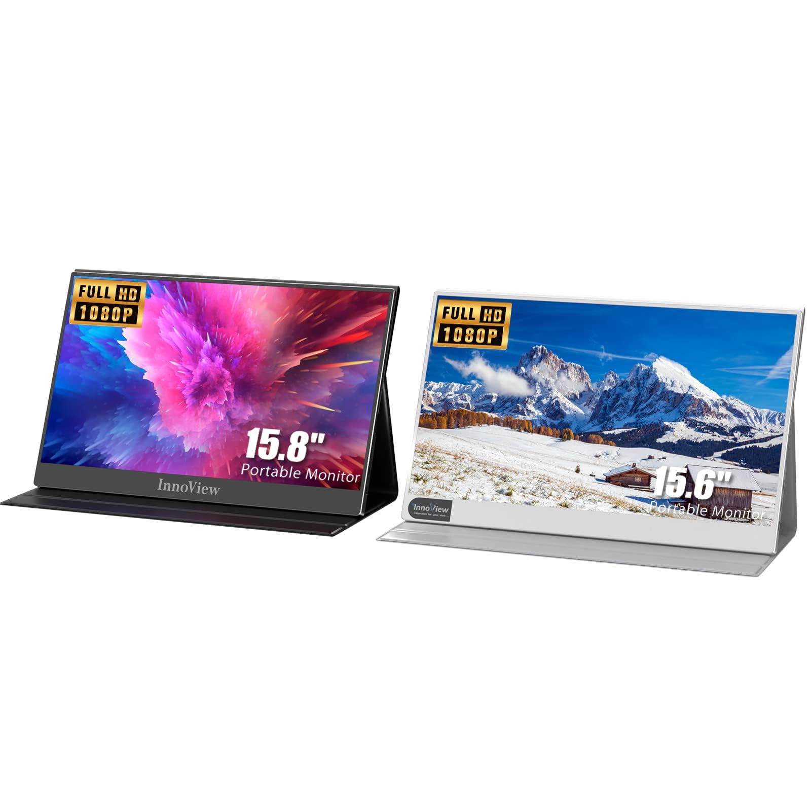 InnoView 2PCS 1080P Portable Monitors 15.6'' Black & 15.6'' Silver 1080P FHD External Screen IPS HDR USB-C HDMI Gaming Monitor for Laptop PC Smartphone with Protective Case