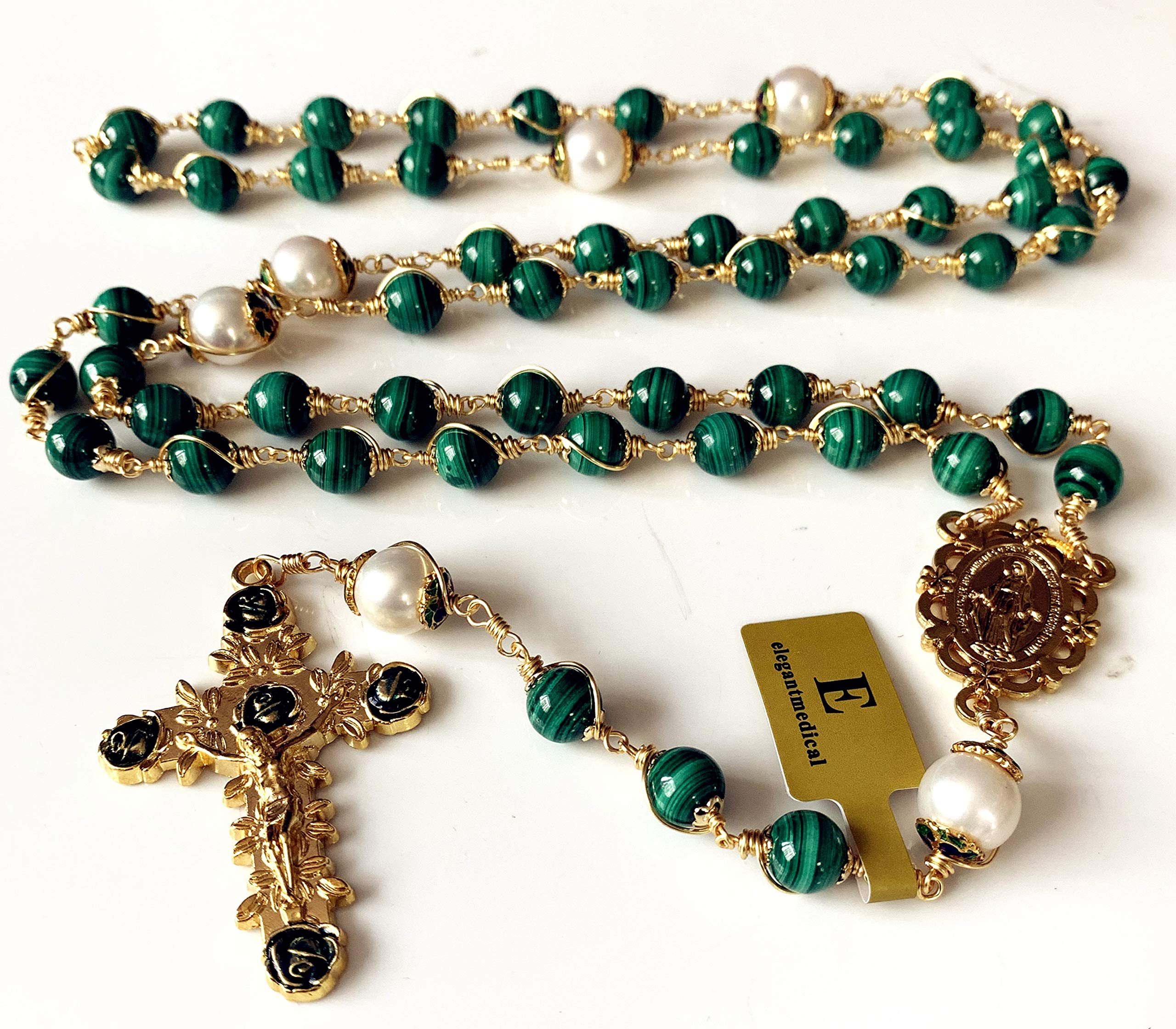 elegantmedical Handmade Gold Wire Wrapped UNDOUBTED Malachite &11-12mm Real Pearl Beads Rosary Cross/Crucifix Necklace Box Catholic Womens Gift