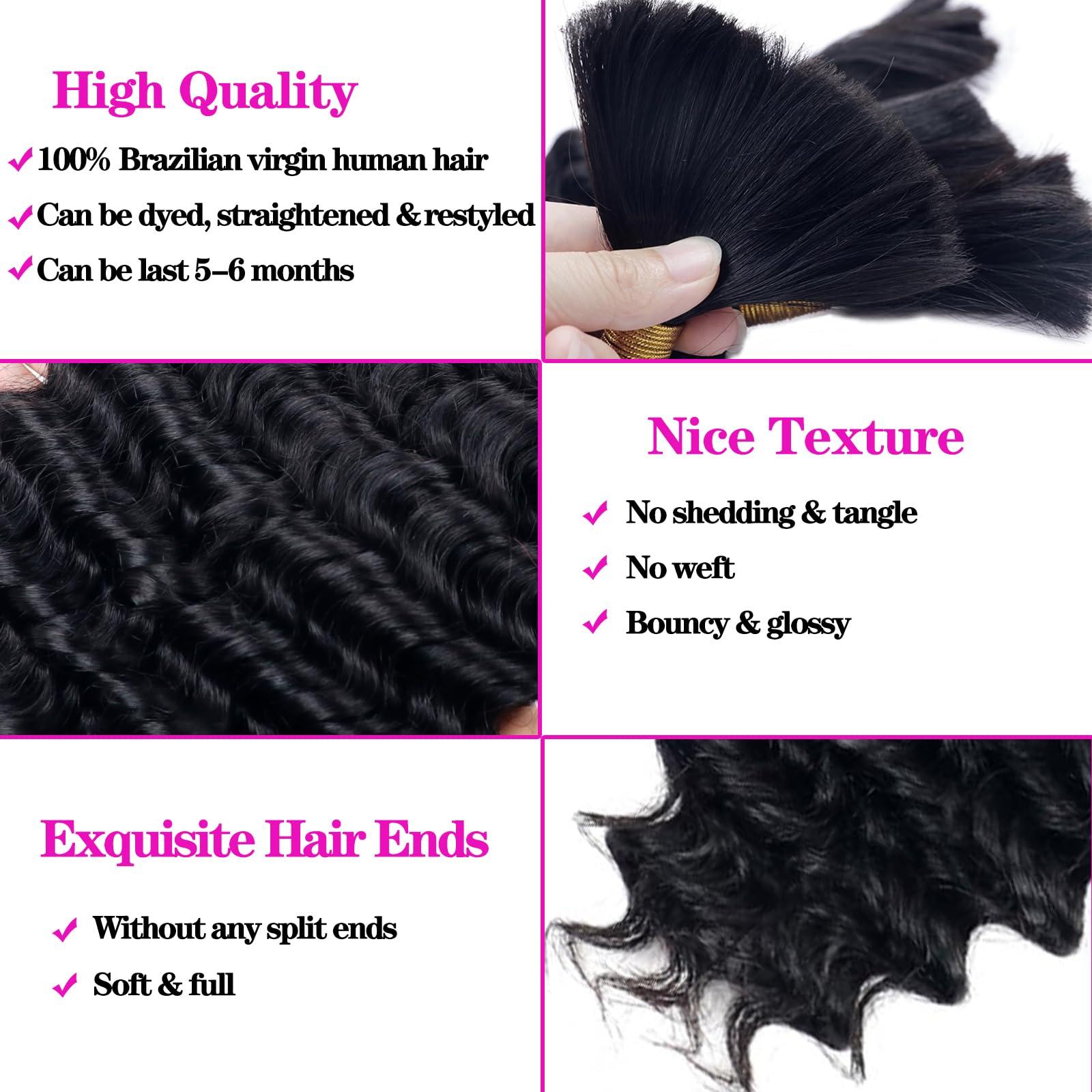 Deep Wave Bulk Human Hair for Braiding No Weft Micro Braiding Hair Braids Extensions 100% Unprocessed Virgin Human Hair Extensions Remy Bulk Hair 2 Braids Per Pack 100g (18 Inch, Black)