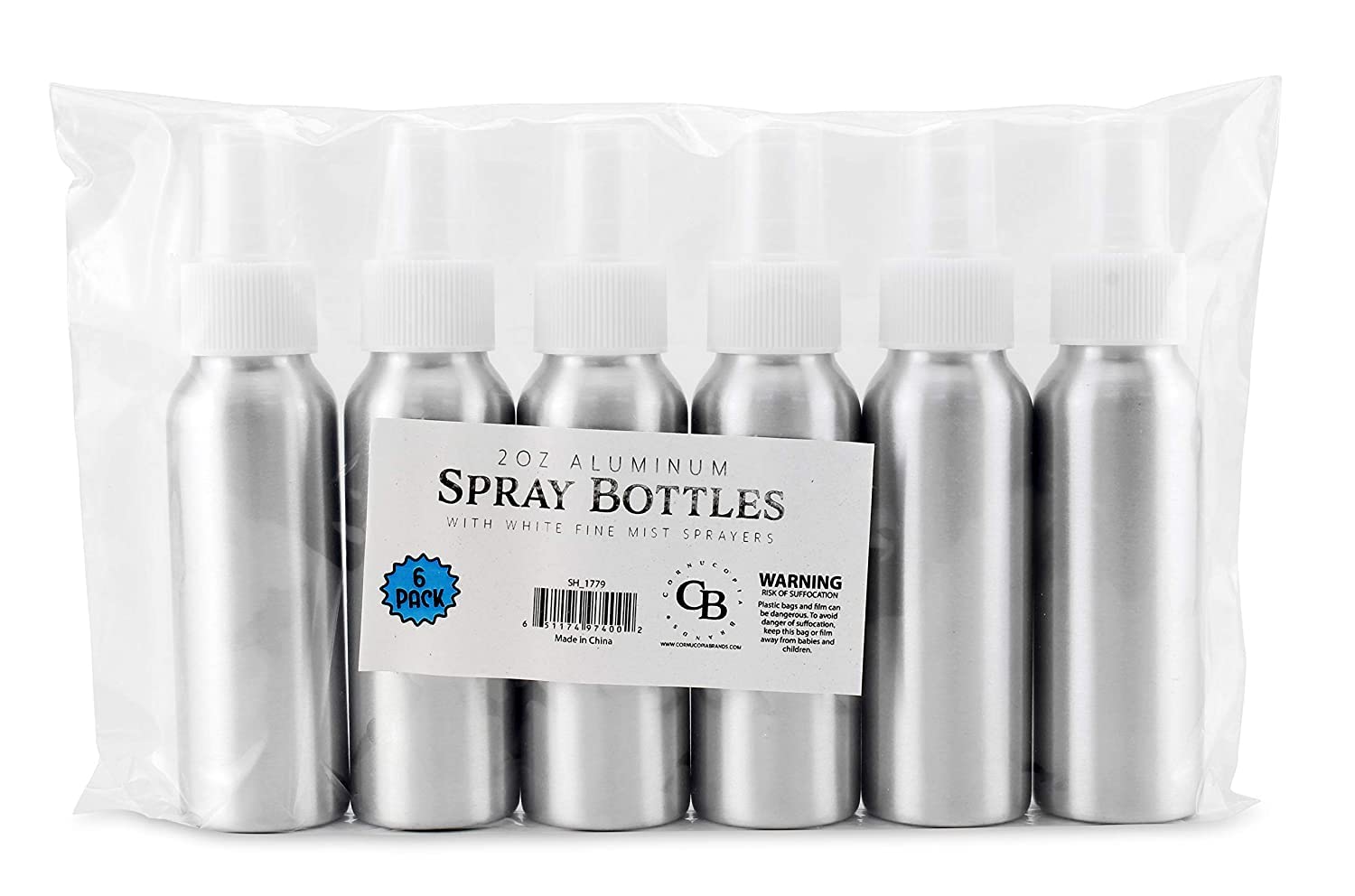 Cornucopia 2oz Aluminum Fine Mist Spray Bottles with Atomizer (6-Pack w/White Caps); Small Sprayers for Travel, Sterilization, Aromatherapy and Personal Care