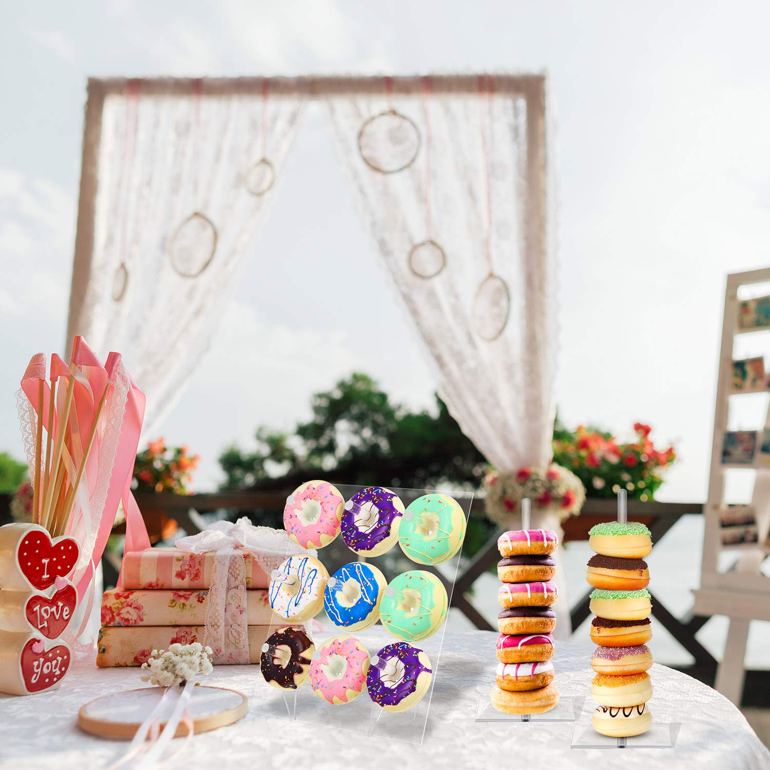 Frienda 1 Pack Acrylic Donut Display Wall Stand, Holds up to 18 Donuts and 2 Pieces Acrylic Donut Stands Clear Bagels Holder Square Stand Holder for Dessert Table Wedding Birthday Party