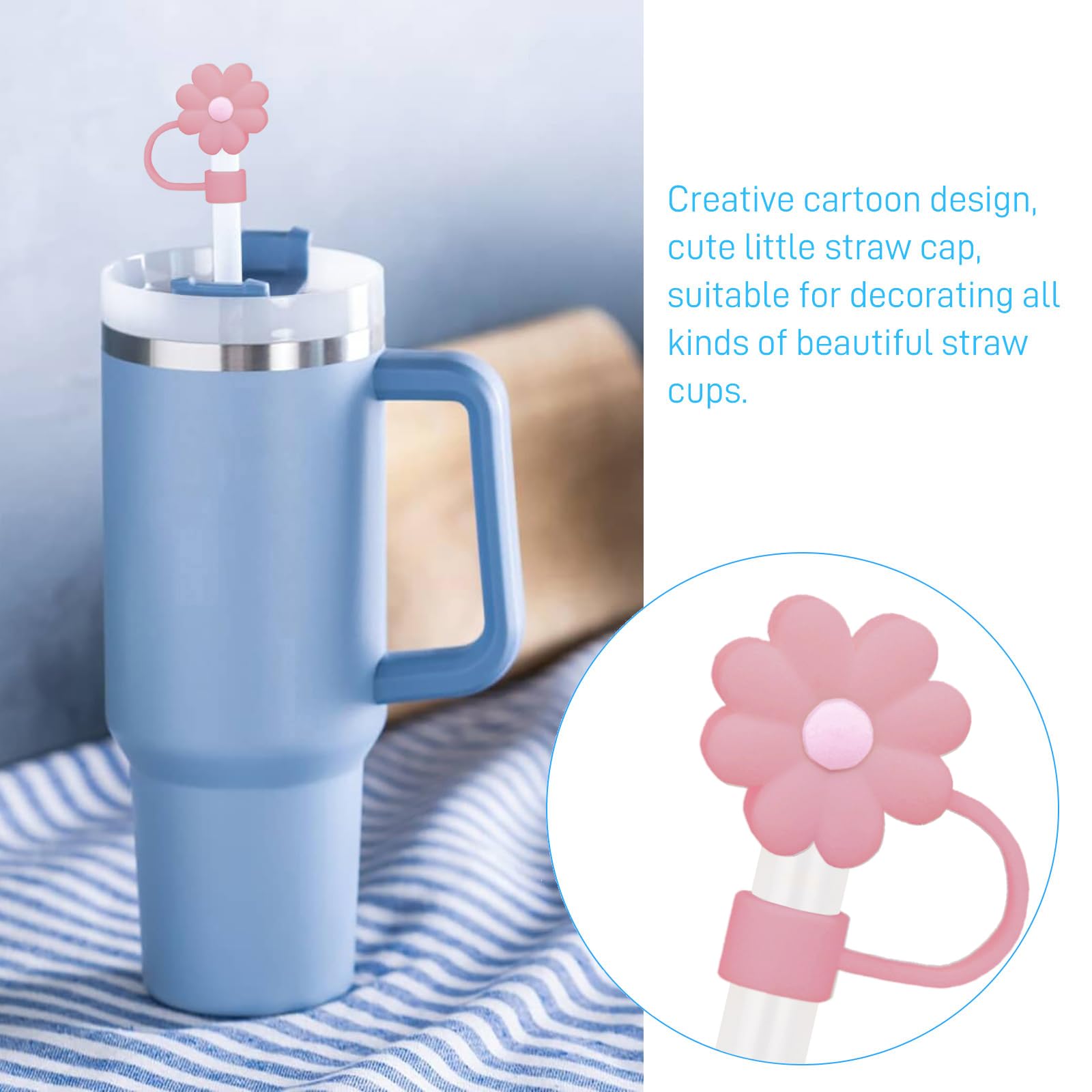 COCGVEL 4 Pack Compatible with Stanley 30&40 Oz Tumbler, 10mm Flower Straw Covers Cap, Cute Silicone Straw Covers, Straw Protectors, Various Shapes Soft Silicone Straw Lids for 10mm Straws COCGVEL33