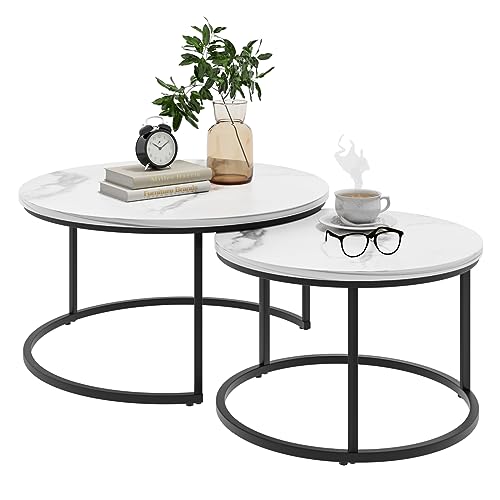 Semiocthome Round Nesting Coffee Table, 31.5" White Modern Accent Wood Coffee Tables Set of 2, Faux Marble Coffee Table for Living Room Small Space, End Side Nesting Tables with Sturdy Metal Frame