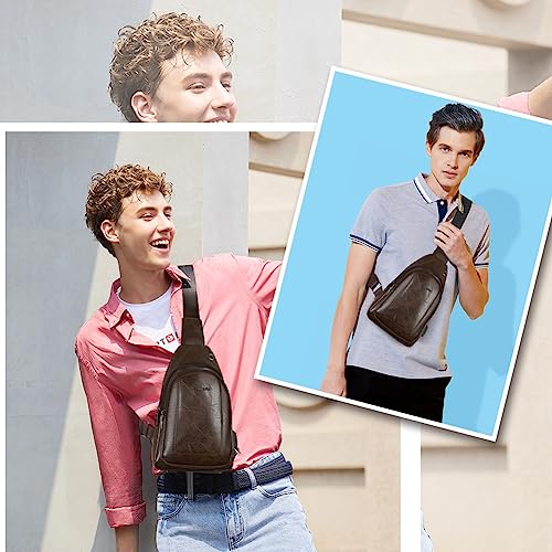 Leathario Leather Sling Bag Small For Men Women Crossbody Shoulder Chest Backpack Daypack for Work Casual Travel