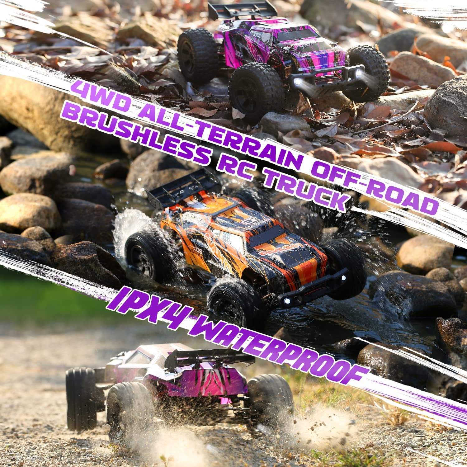 DEERC 200E 1:10 Large 3S Brushless High Speed RC Cars for Adults, 4X4 Fast RC Trucks W/Extra Shell LED Headlight, 60 KM/H, All Terrain Remote Control Car, Offroad Monster Truck for Boys,2 Battery