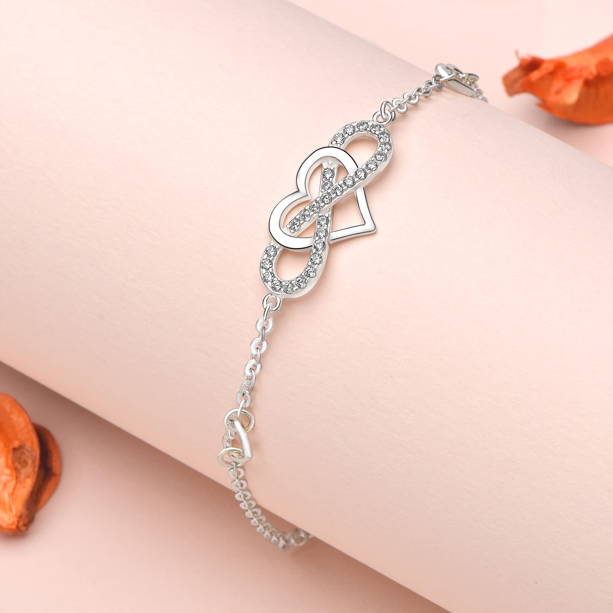 ELEGANZIA Infinity Heart Bracelet For Women Sterling Silver, Tiny Heart Charm Chain Bracelet Friendship Jewelry