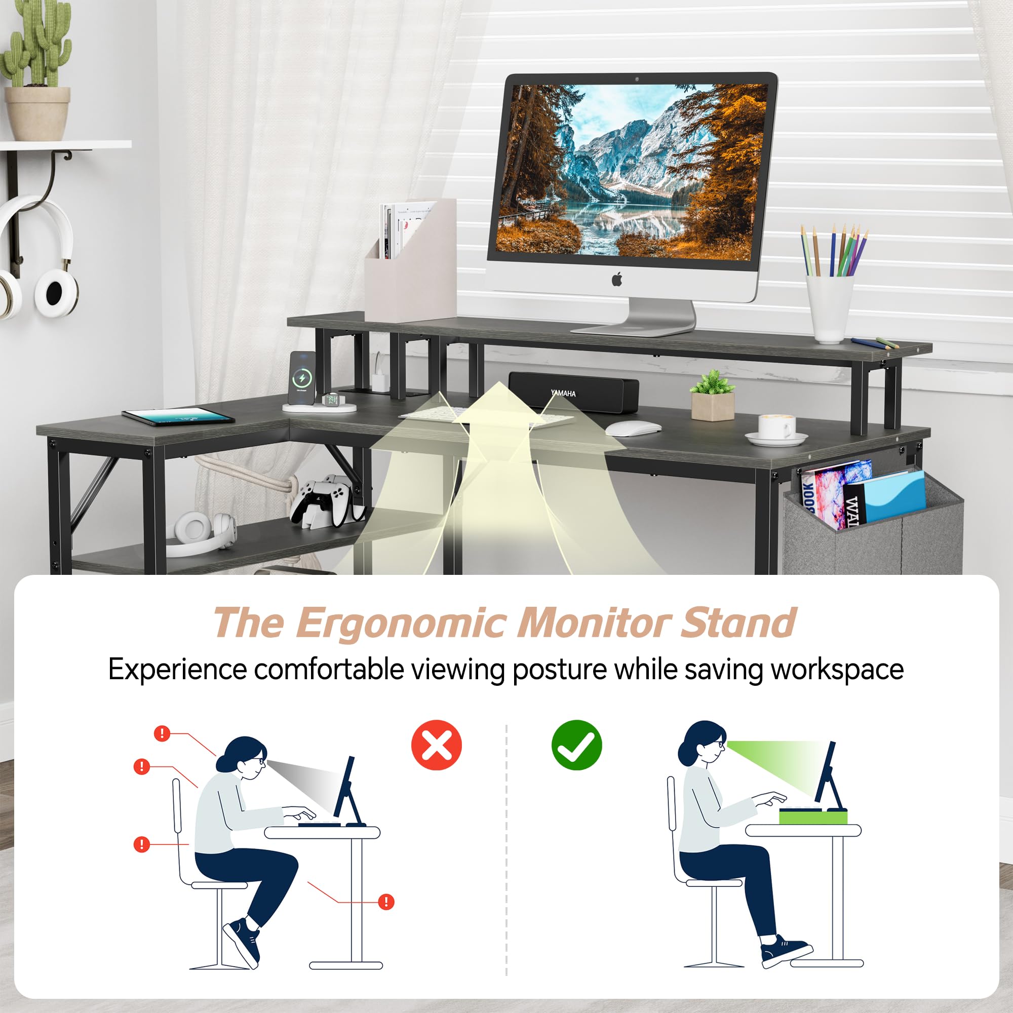 Mr IRONSTONE L Shaped Desk with Power Outlets & LED Lights, Computer Desk with Long Monitor Stand, 47 Inch Office Desk, Corner Desk for Small Space, Home Office Desk, Black Oak