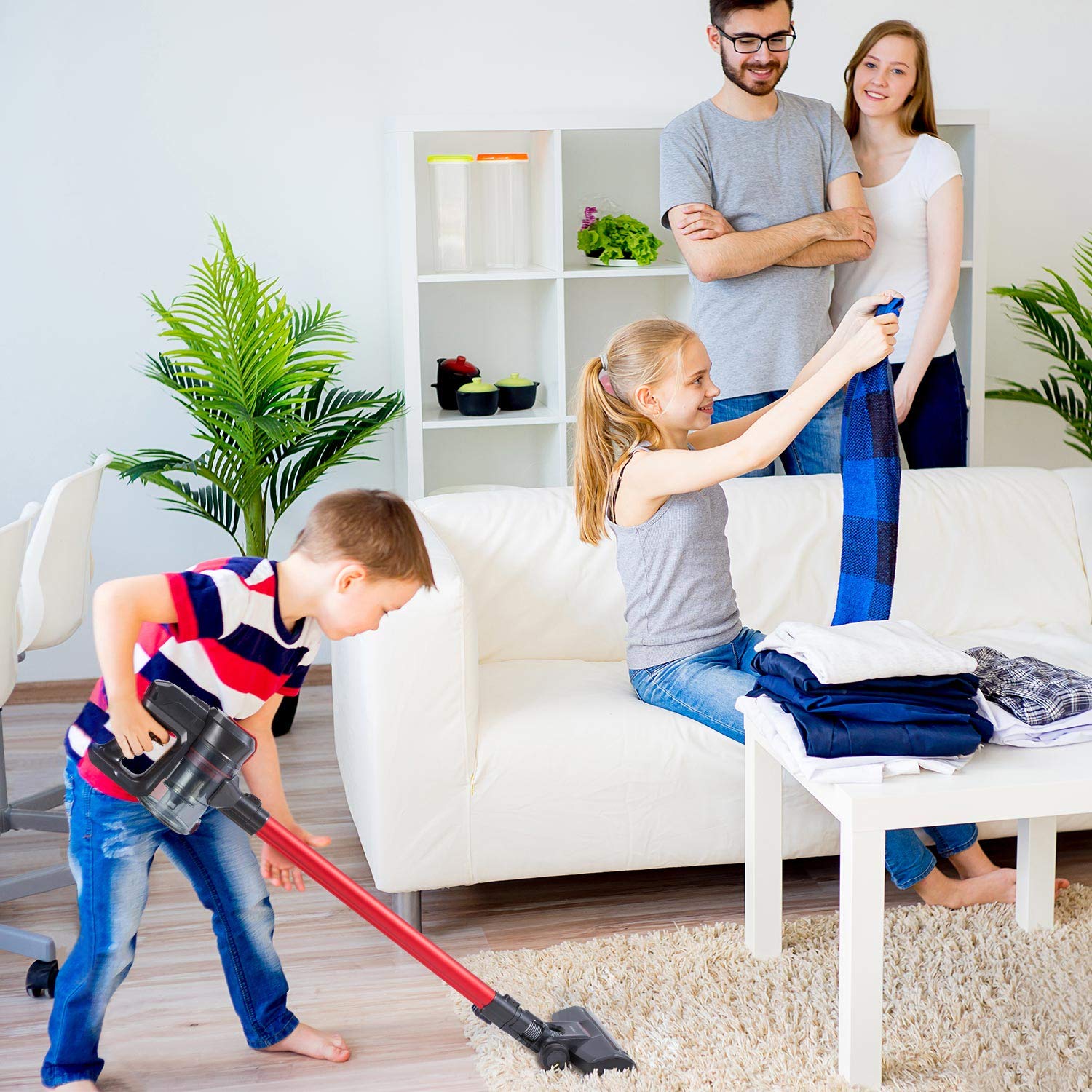 Deenkee 6 in 1 Cordless Stick Vacuum Cleaner, 250W 18Kpa Powerful Suction, 35Min Runtime & 2 Modes, Lightweight Stick Handheld Vacuum Cleaner (Red-B)