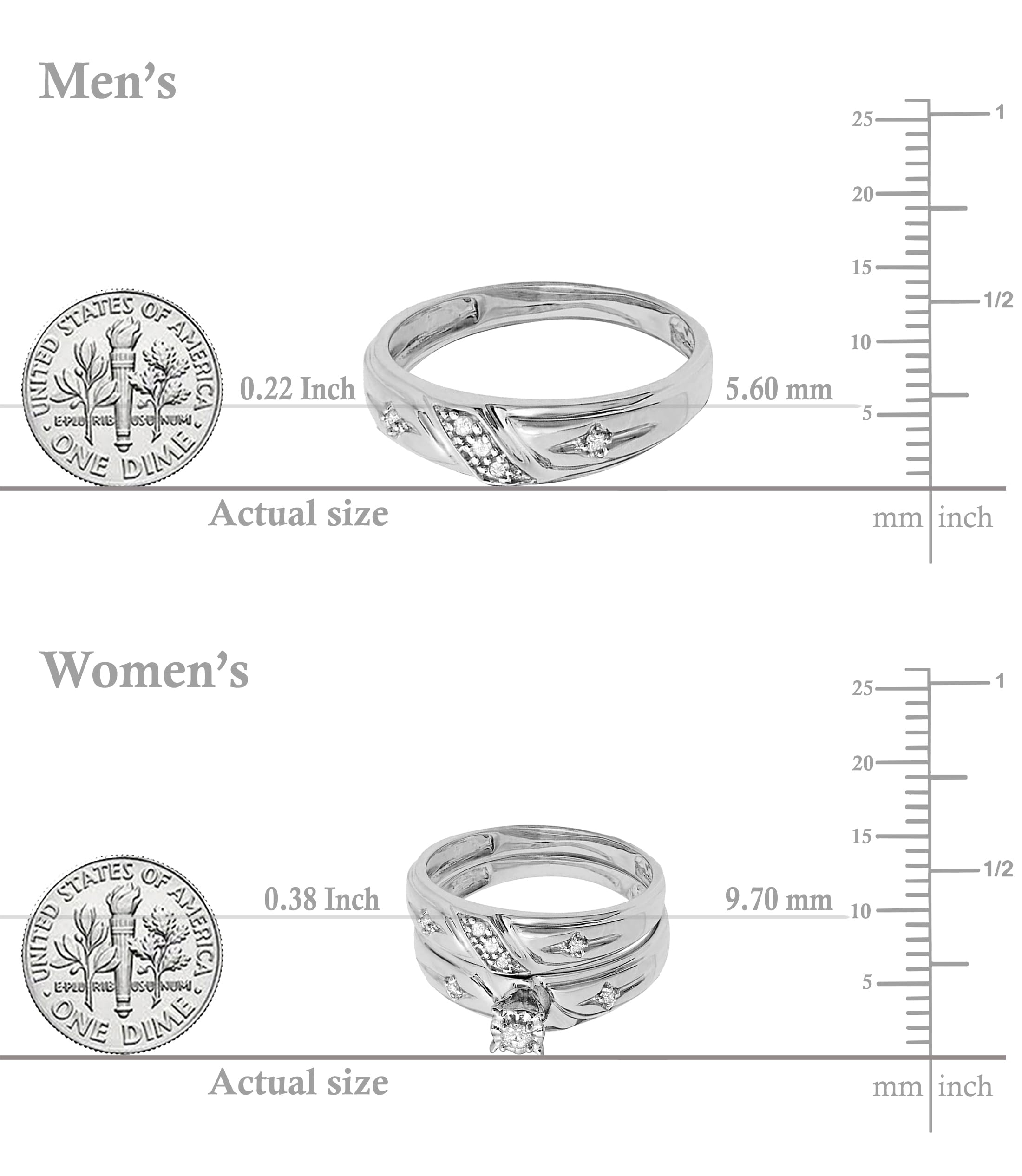 Dazzlingrock Collection 0.20 Carat Round White Diamond Cross Matching Trio Ring Set for Him & Her in 925 Sterling Silver, Women Size 9 and Men Size 10