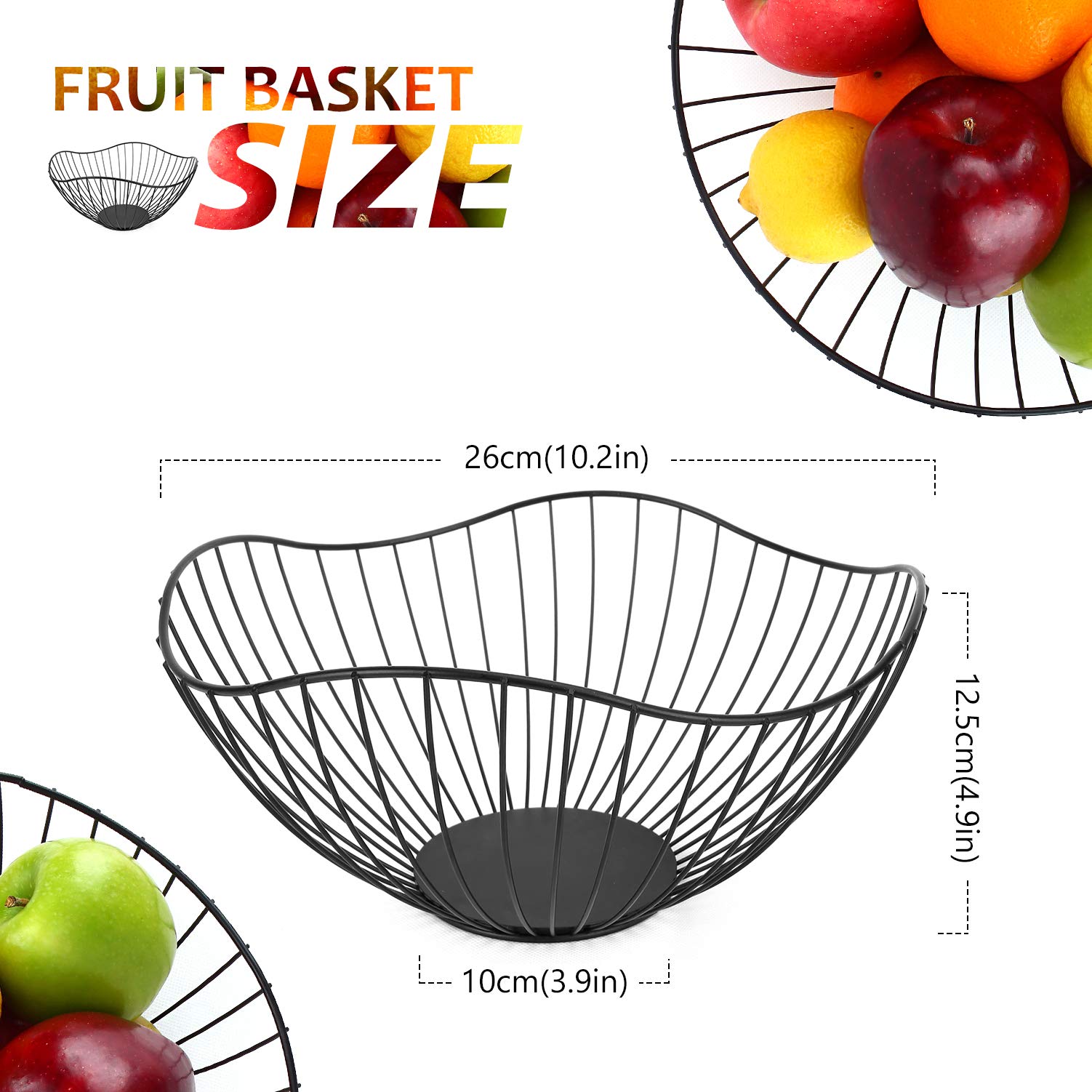 Fruit Bowl for Kitchen Counter, Modern Metal Wire Vegetable Basket for Bread and Snacks, Decorative Fruits and Veggie Storage Holder for Countertop, Table, Centerpiece (Black)