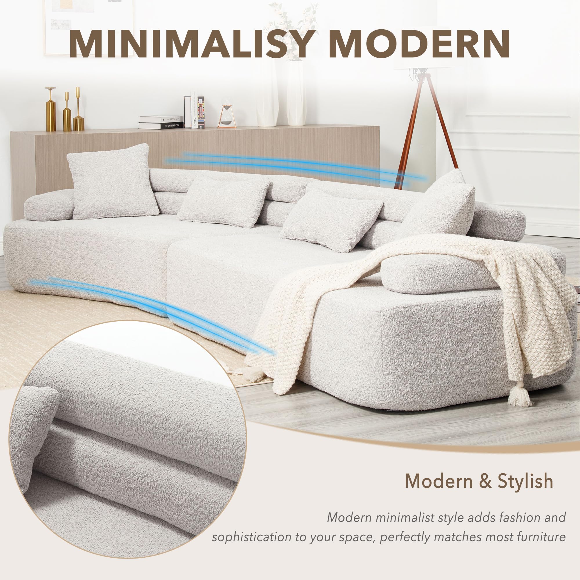 LuxyHoom 139'' Sectional Sofa Couch, Modern Modular Sofa, Minimalist Curved Sofa, 4 Pillows, 4 Seat Comfy Cloud Sofa for Living Room Furniture Set, Apartment, Hotel, No Assembly Required, Light Grey