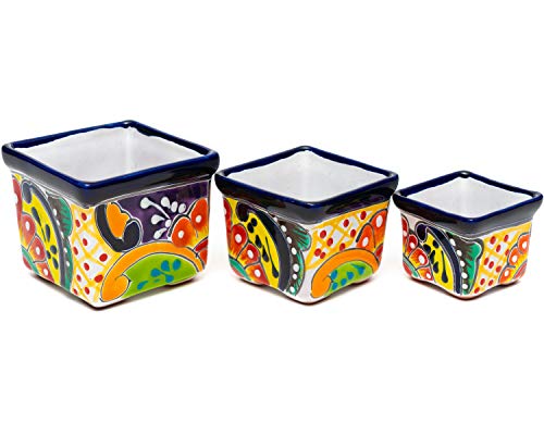 Enchanted Talavera Handmade Mexican Pottery Talavera Ceramic 3 Piece Set Succulent Pot Set Mini Flower Planter Cactus Pot Home Office Desk Décor Gift Small Shelf Desk Window Pottery (Multi-Color)