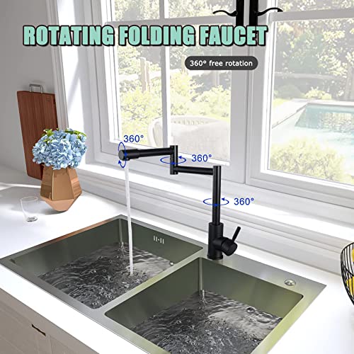 Heyalan Matte Black Pot Filler Faucet, Deck Mounted Single Handle, Double Joints, Free Rotating, Modern Design, Stainless Steel