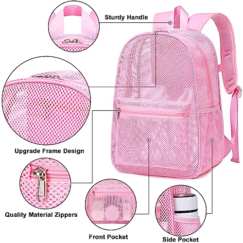 LEDAOU Mesh Backpack for Kids Girls Semi-Transparent Mesh School Backpack Bookbag Lightweight Casual Daypacks for Beach Gym(Pink)