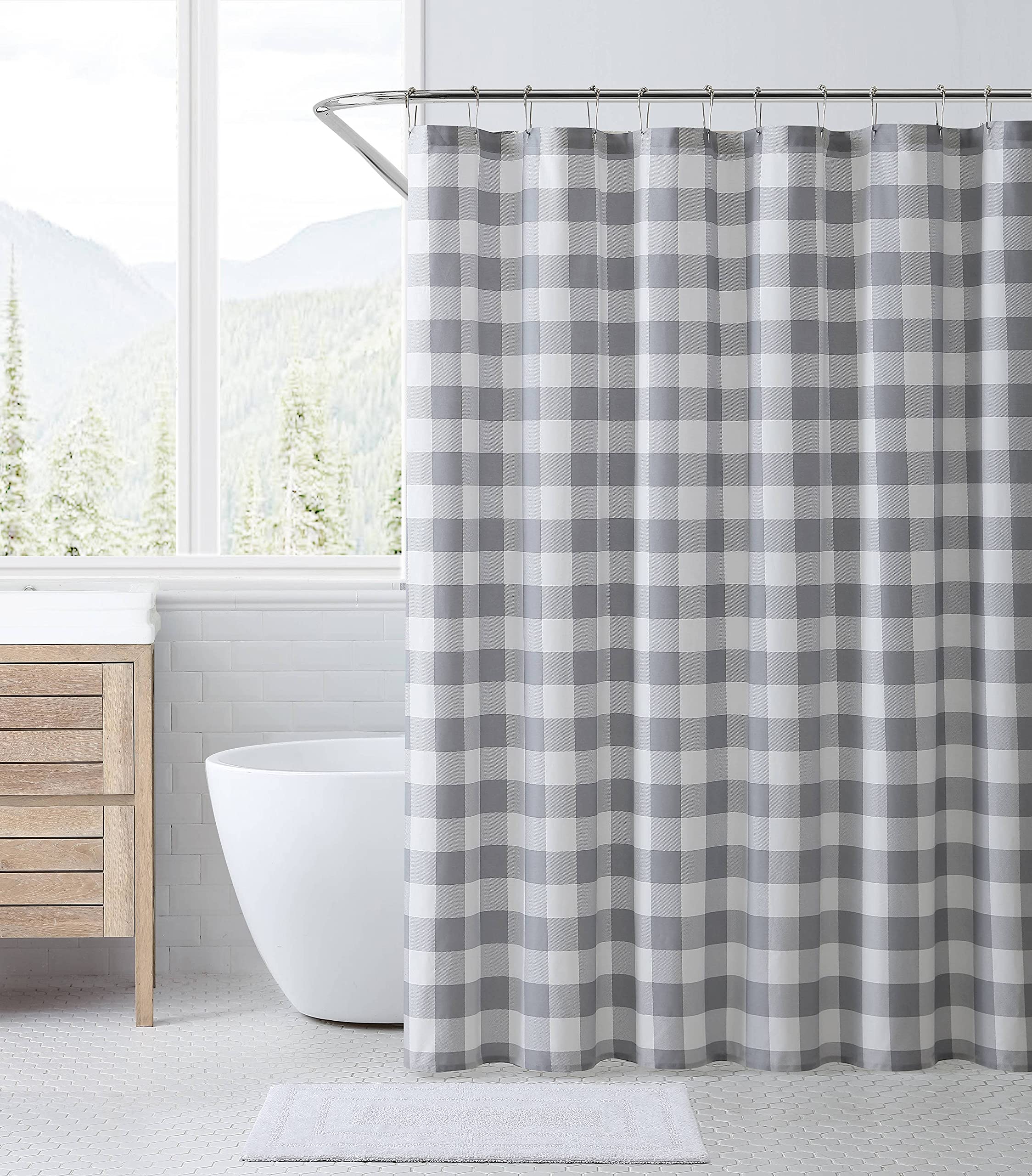 Eddie Bauer - Shower Curtain, Lightweight Cotton Bathroom Decor, Buttonhole Top (Cabin Plaid Grey, 72" x 72")