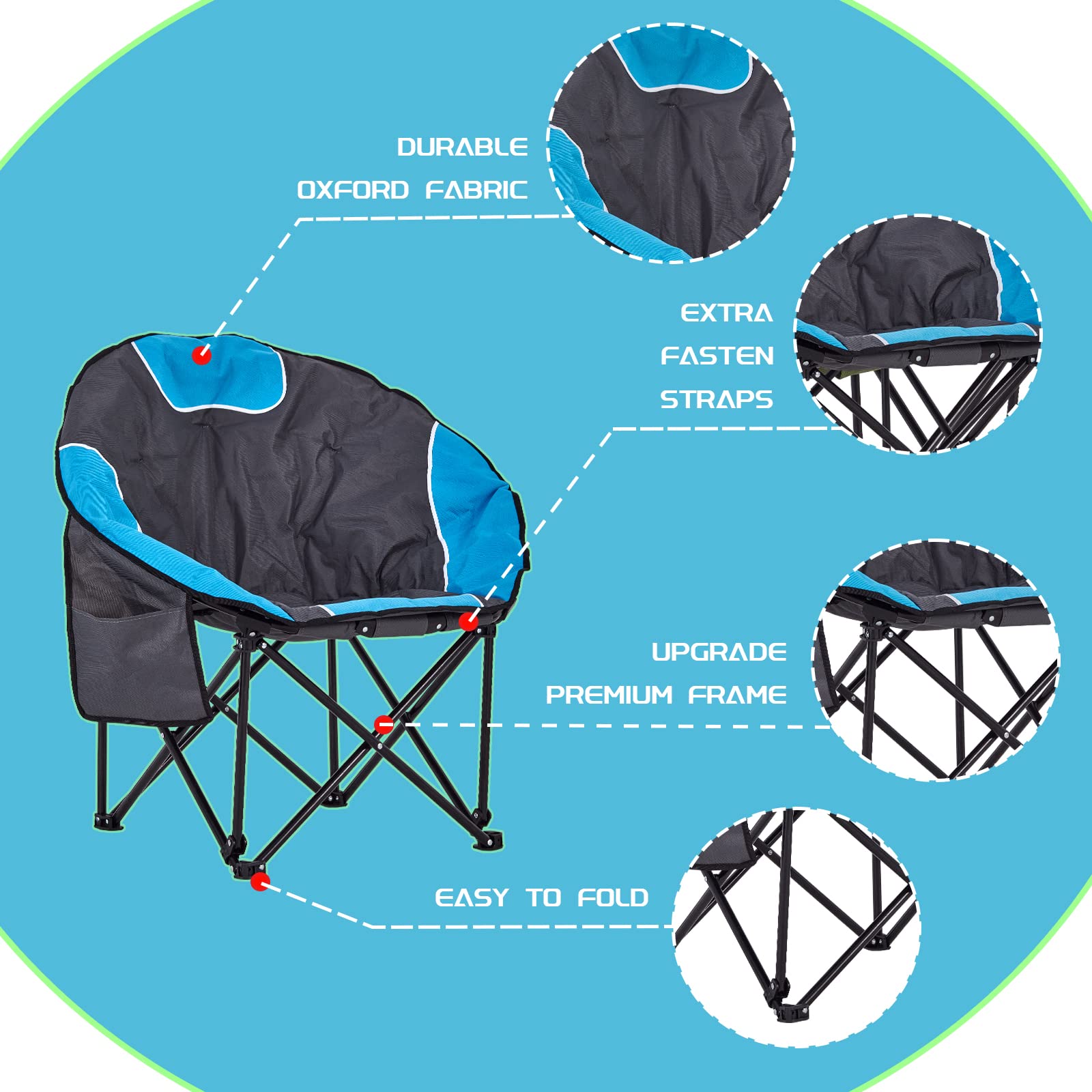 EUROSAKURA Oversized Moon Chair Folding Camping Chair Round Portable Camp Chair Comfortable Outdoor Chair (Blue)