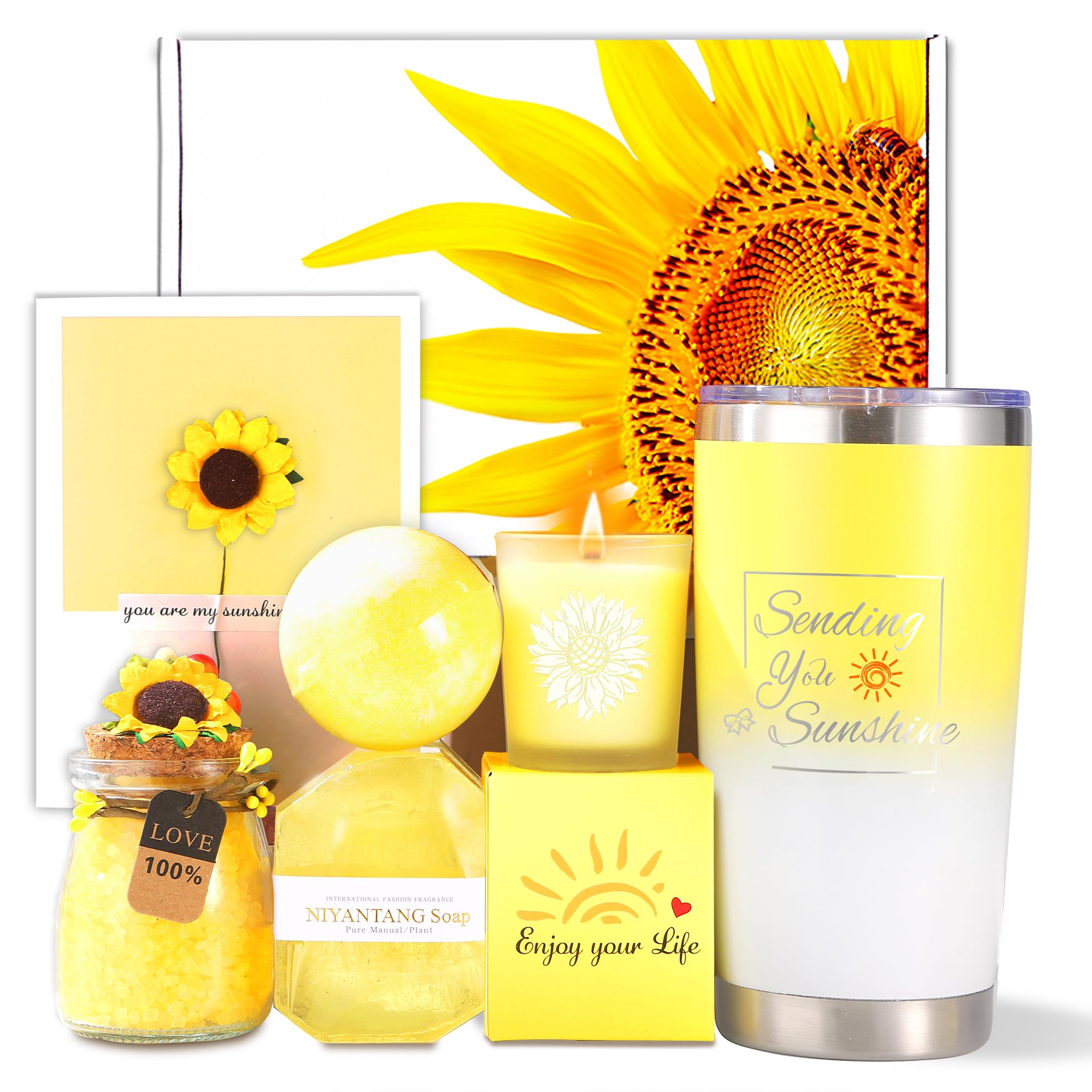 Fabulous Sunflower Gifts for Women, Unique Birthday Gifts for Her, Daughter, Mom, Sister, Friends Female, Self Care Package with Sunflower Tumbler, Candle, Bath Bombs, Soap, Salts, Gift Card.
