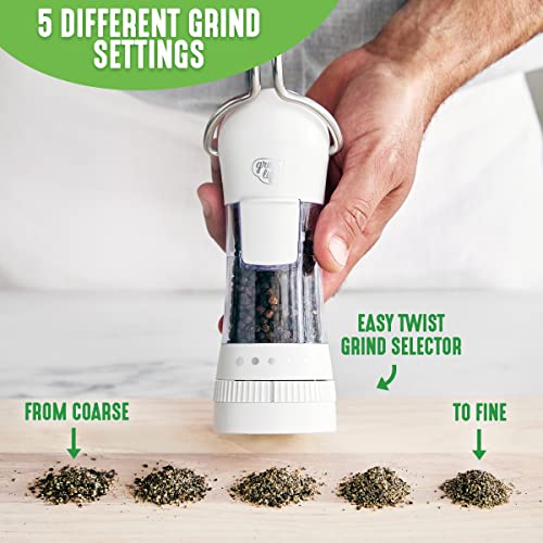 GreenLife Salt and Pepper Grinder Set, Mess-Free Ratchet Mill, Adjustable Coarseness and Easily Refillable, Black and White