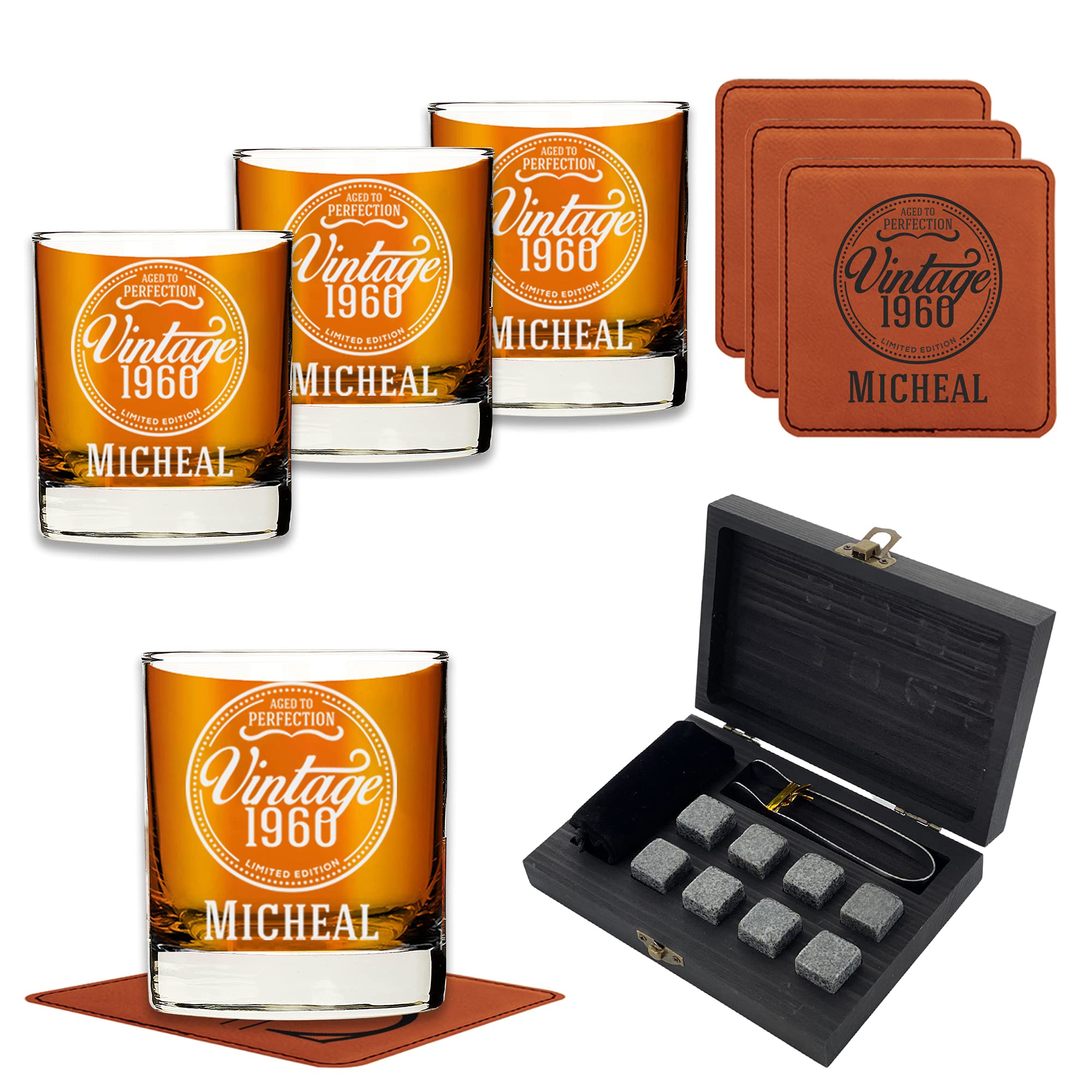 Froolu Personalized Vintage Scotch Whiskey Glasses - Customize Name & Year - 4 Premium Vintage Designs - Gift for Dad, Brother, Son, Husband - Great for Birthday, Anniversary, Christmas - Etched