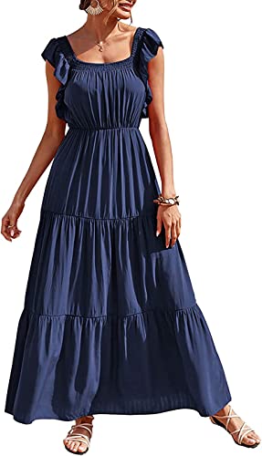 PRETTYGARDEN Women's Summer Bohemian Sleeveless Maxi Dress Square Neck Ruffle Flowy Long Sun Dress Wedding Guest Dress 2023 (Solid Navy, Large)