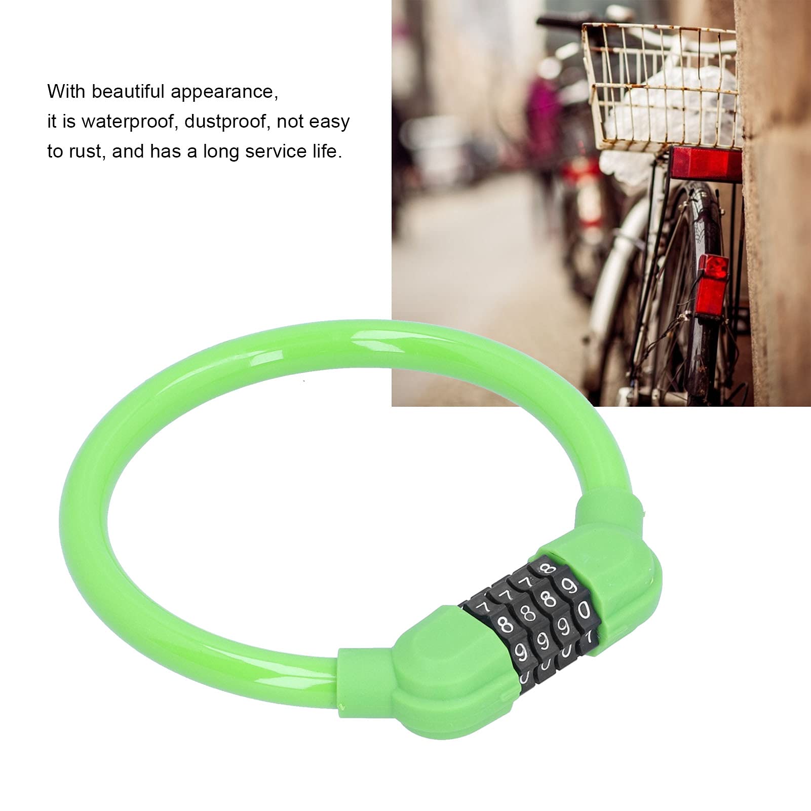 Eulbevoli Bike Lock, Bike Cable Lock Sturdy and Durable Waterproof and Dustproof Wear-Resistant with 4 Digit Passwords Technology for Cycling(Green)