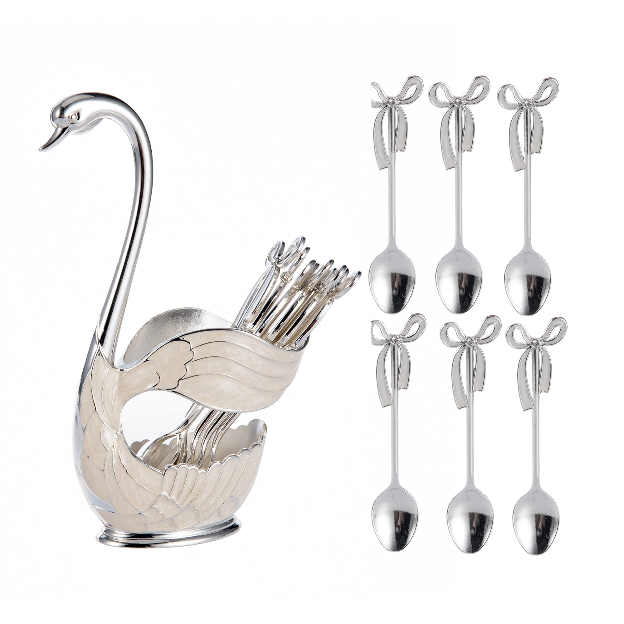 Feyarl Coffee Dessert Sugar Spoon Set Decorative Swan Base Holder with 6pcs Spoons for Stirring Mixing Dessert Ice Cream Coffee Teaspoon Cake Flatware (Silver)