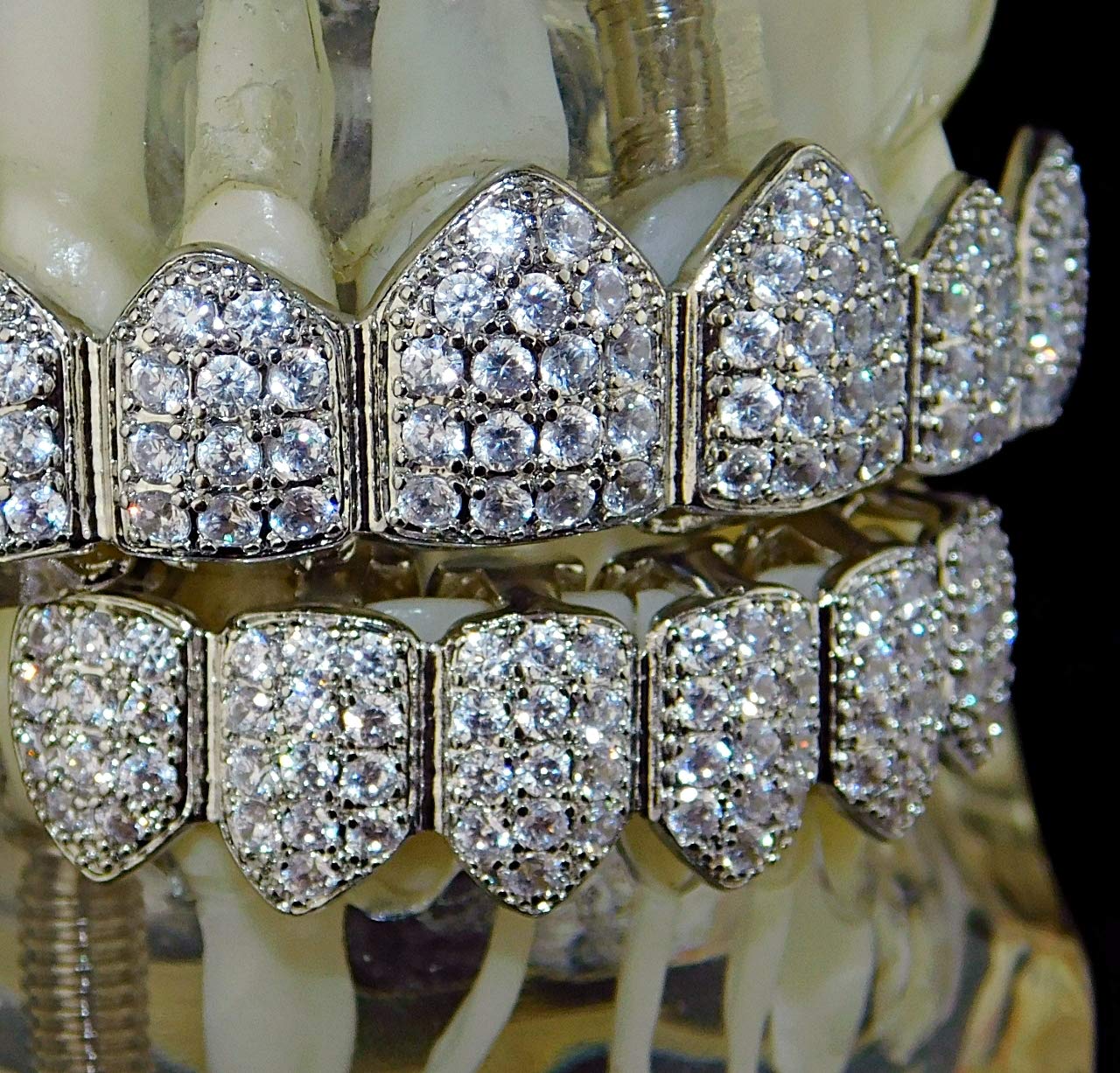 CZ Grillz Set Silver Tone Cubic Zirconia Micro Pave Bling Teeth Top & Bottom Row Iced Hip Hop Grills