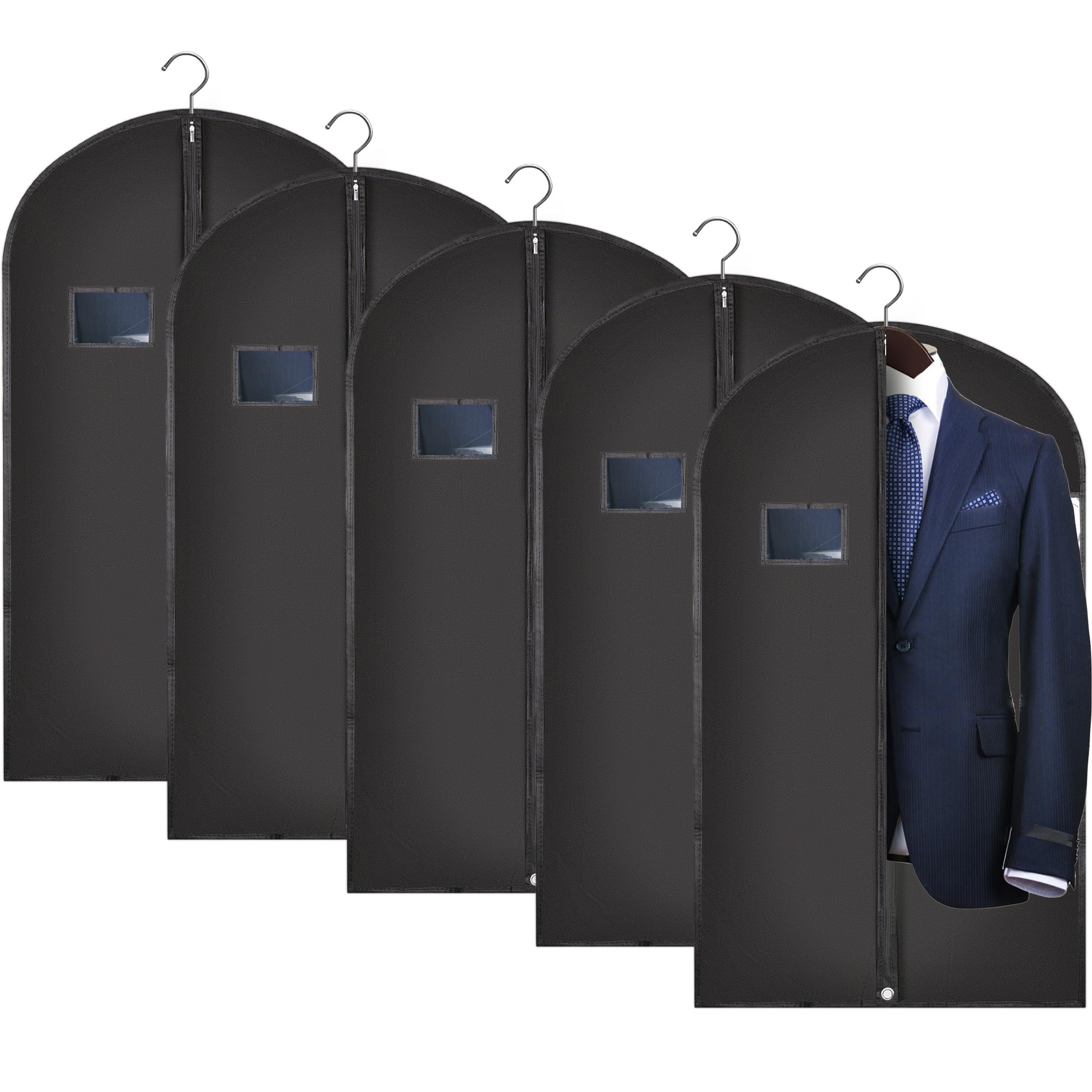 Hleelomi 5 Pack 40-inch Suit Bag Garment Bag for Travel and Storage, Garment Bags for Hanging Clothes with Zipper and Visible Transparent Window, Black