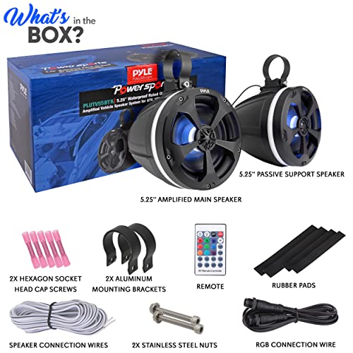 Pyle 2-Way Waterproof Off Road Speakers - 5.25" 1000W Active Passive Marine Grade Wakeboard Tower Speakers System w/ RGB Light, Full Range Outdoor Stereo Speaker for ATV/UTV Jeep Boat - PLUTV55BTR