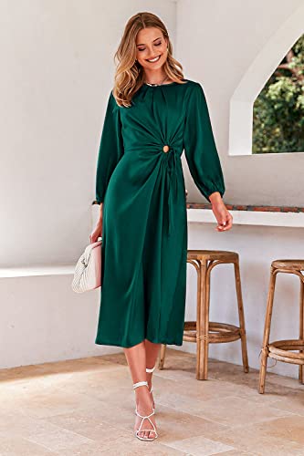 PRETTYGARDEN Women's 2023 Satin Maxi Dress Puff Long Sleeve Crewneck Cutout Casual A-line Long Flowy Dresses (Dark Green,X-Large)