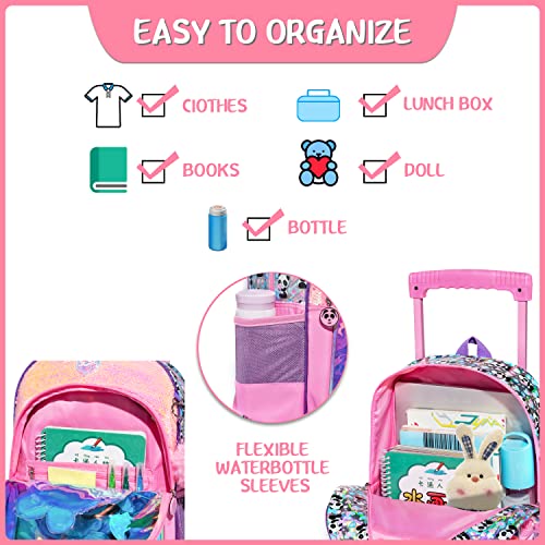 MYHSBYO Panda Rolling Backpack for Girls Kids School Wheels Backpack for Girls Sequin Backpack with Lunch Box Roller Backpack for Elementary School