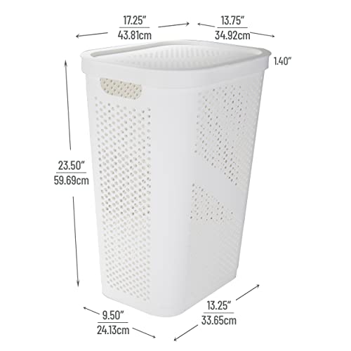 Mind Reader Basket Collection, Slim Laundry Hamper, 60 Liter (15kg/33lbs) Capacity, Cut Out Handles, Attached Hinged Lid, Ventilated, 13.75"L x 17.25"W x 23.5"H, White