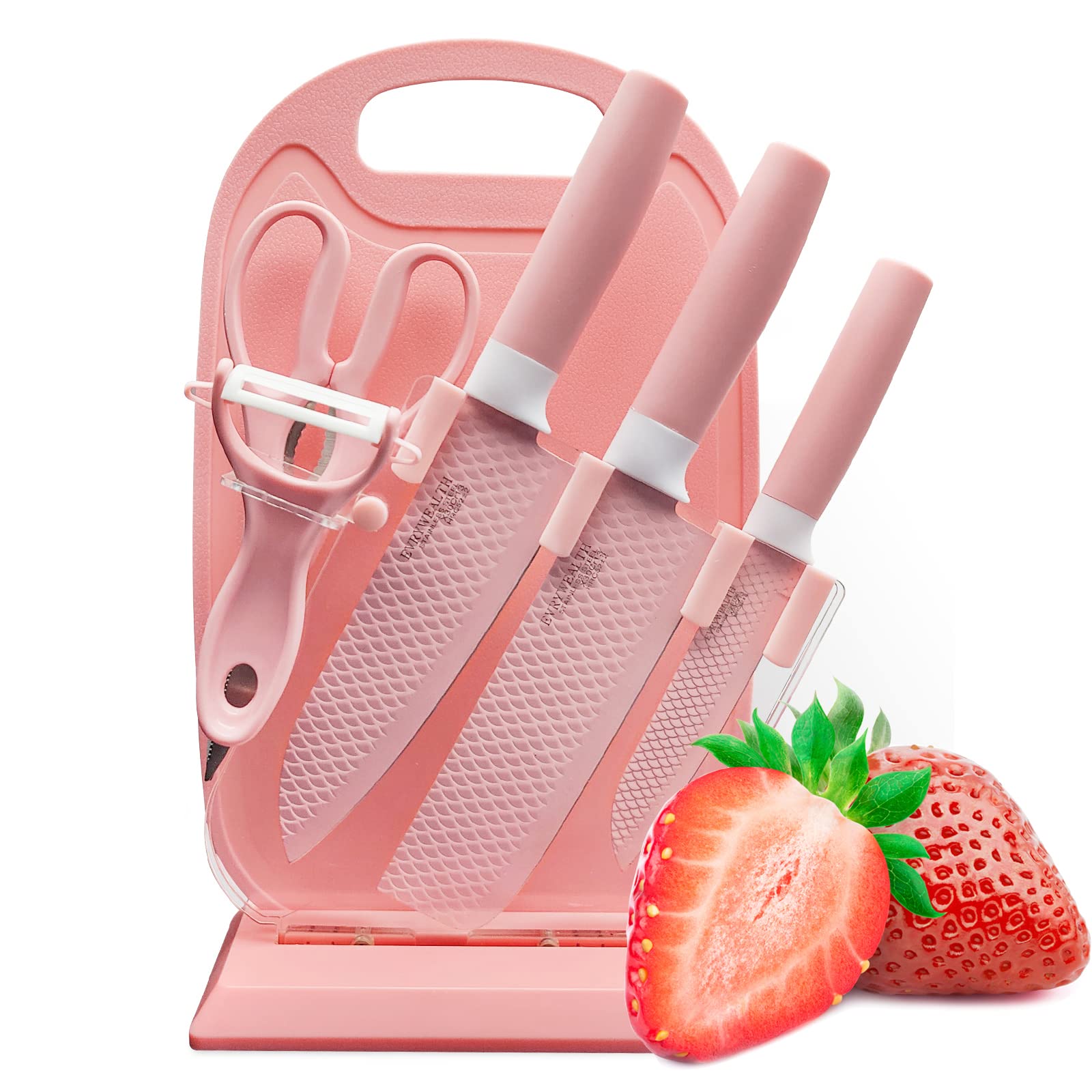 FTNESGYM Kitchen Knife Set, 7-Pieces Pink Non-stick Fish Scales Blade Cooking Knife Set, Sharp Stainless Steel Chef Knives with Cutting Board for Women Girls (Pink)