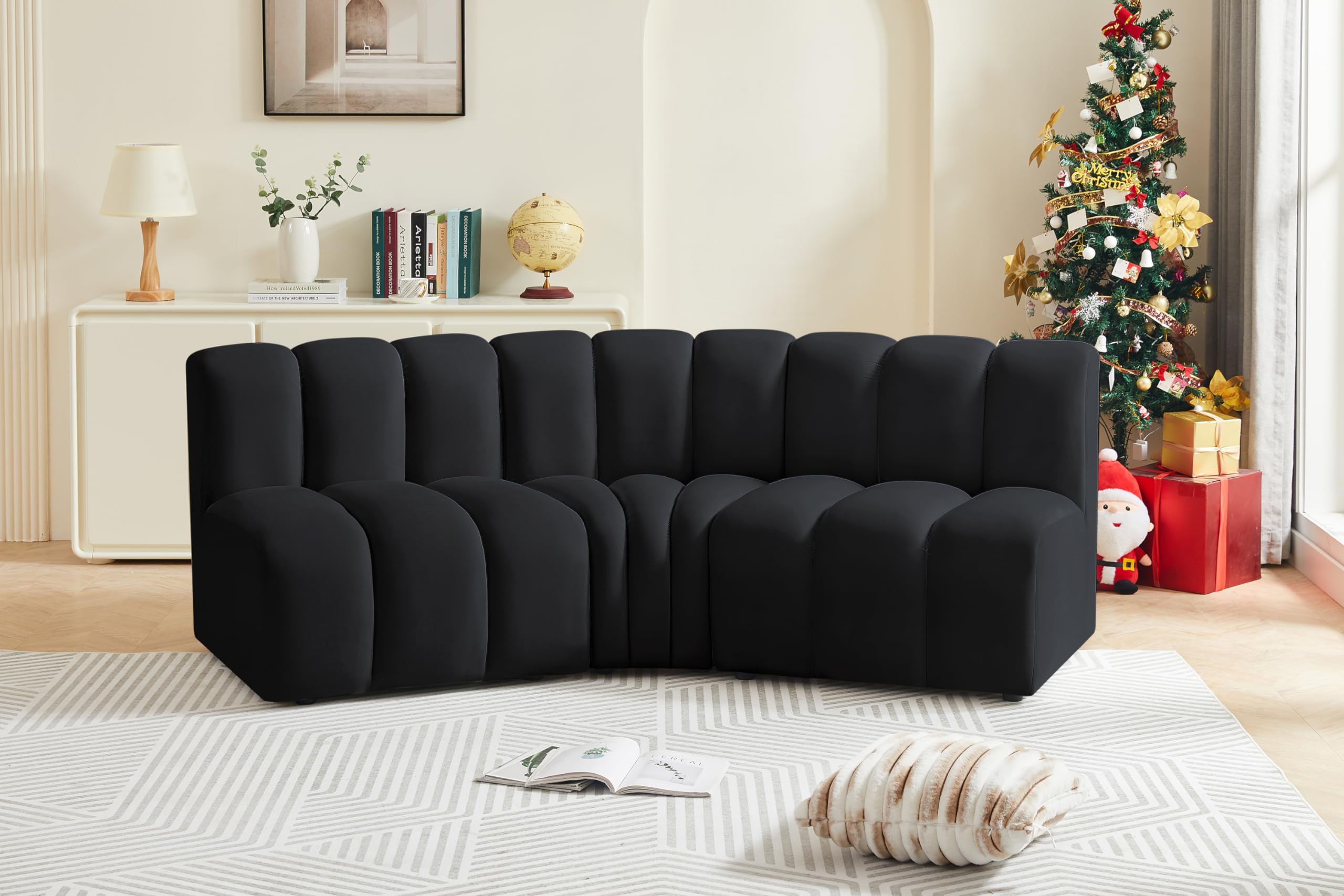 Meridian Furniture 103Black-S3B Arc Collection Modern | Contemporary Modular Sofa with Soft Black Velvet, Deep Channel Tufting, Modular Design, 86 W x 41 D x 30 H, Black