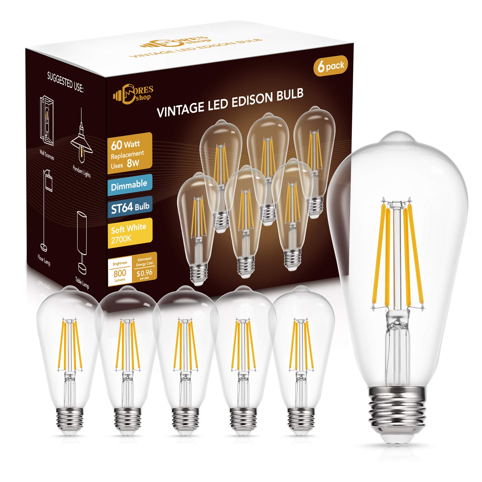 Edison Bulbs [4 Pack], DORESshop Edison Light Bulb, Incandescent Light Bulbs, ST64, E26 Bulb, Dimmable Lightbulbs with Amber Glass, Warm White 2700K Edison Bulb for Wall Sconces, Home Lighting Fixture