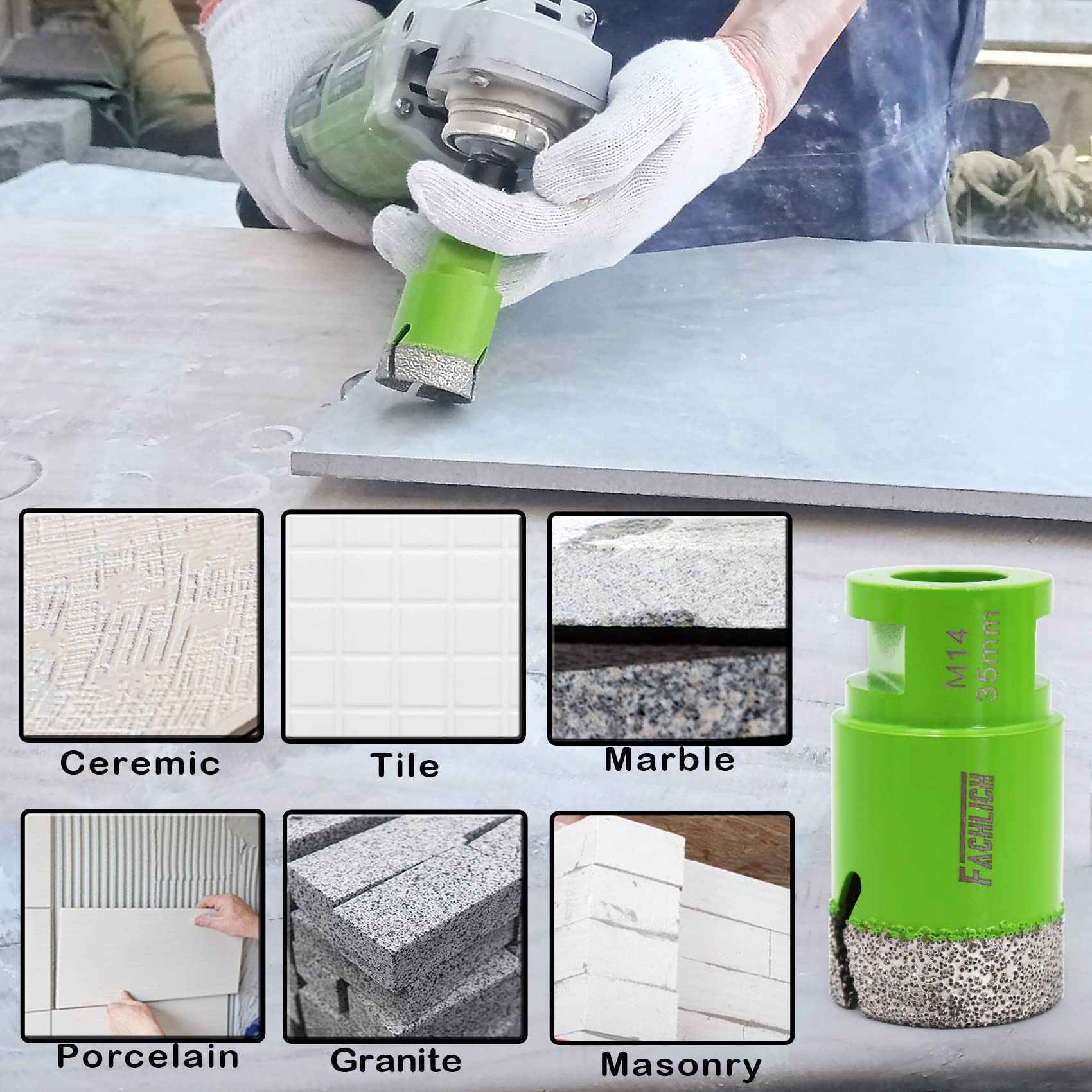 FACHLICH Diamond Core Drill Bits Set - 10pcs Tile Hole Saw Kit 6/8/10/25/35/50/65mm with 2" Diamond Beveling Chamfer Bits for Porcelain Ceramic Tile Granite Marble