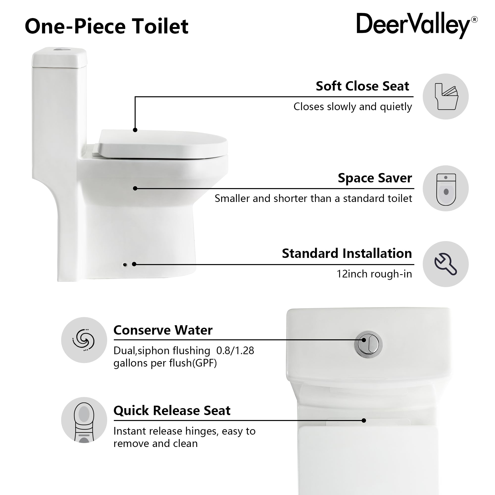 DeerValley DV-1F52813 Tiny Small Compact Dual Flush One Piece Toilet, Space Saver Commode designed for Water Closet, Soft Closing Seat Included, High-Efficiency WaterSense Cotton White