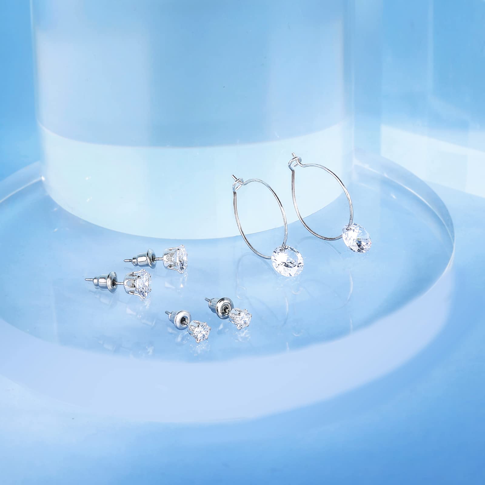 CZ Stud Hoop Earring Set: Delicate Drop Dangle Charm Hoop & Silver Cute Solitaire Round Cubic Zirconia Cartilage Stud - Simple Trendy Hypoallergenic Ear Jewelry Gift for Women (Silver)