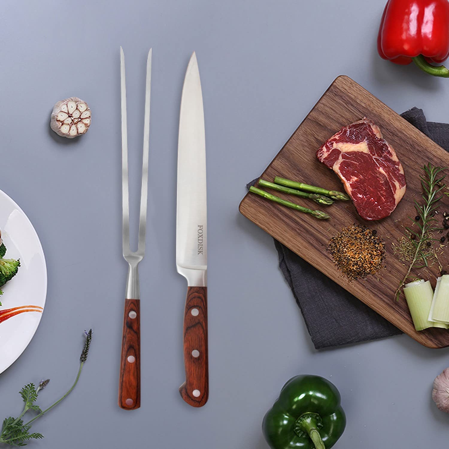 FOXDISK 2 Piece Carving Knife and Fork Set, Carving Set for Barbecue, Cutting Meat and Turkey, Stainless Steel Camping Cooking BBQ Cutter Carving Fork with Gift Box - Wooden Handle