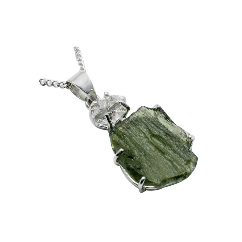 Czech Moldavite raw, Herkimer Diamond 925 Solid Sterling Silver Handmade Pendant