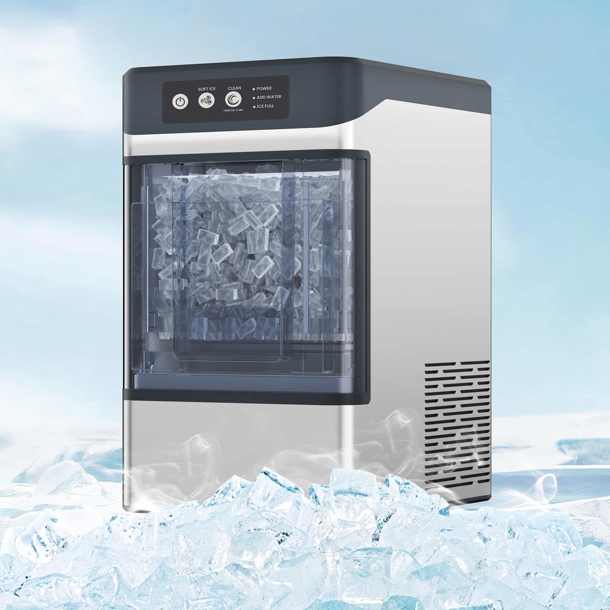 MERITLIFE Pellet Nugget Ice Maker,Countertop Small Ice Machine,Crunchy Chewable Soft Ice,1.3L Water Tank,Auto Cleaning,Fresh Ice for Kitchen,Bars,Office,Parties (M2)