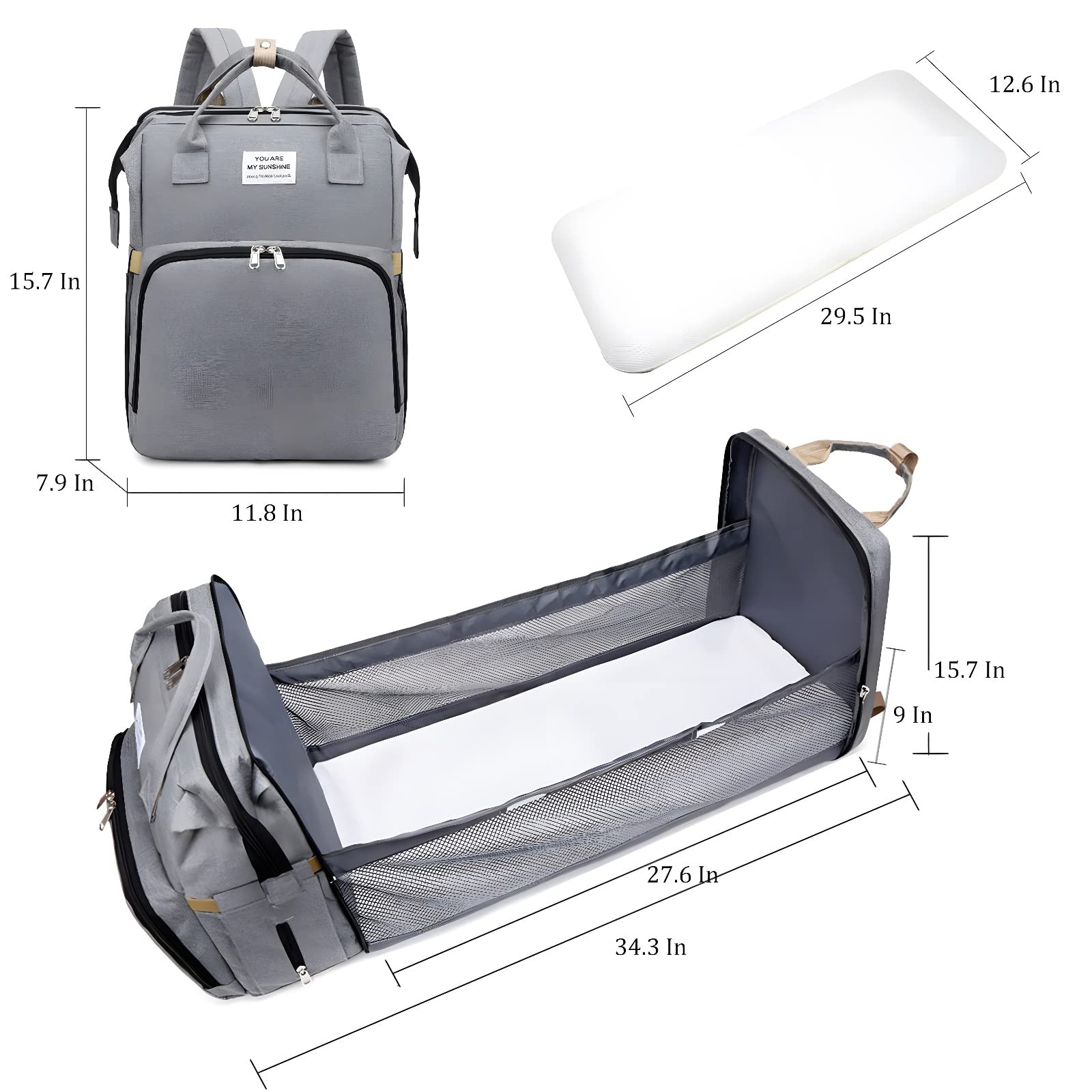 HNG KIANG HU 3 in 1 Diaper Bag Backpack,Multifunction Large Waterproof Diaper Bag with USB Charging Port for Travel (Grey)