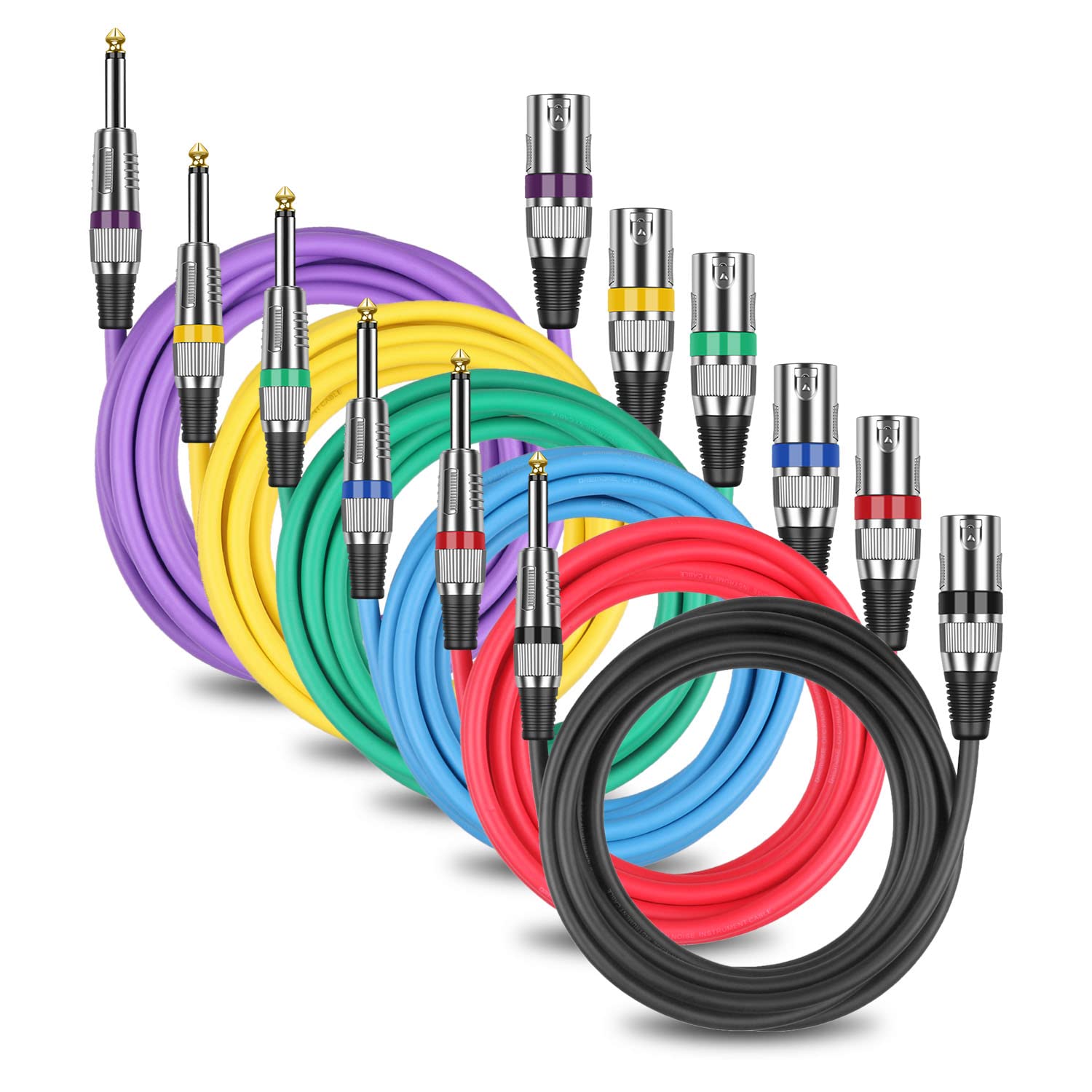 DREMAKE Audio 6FT Patch Cable Cord - XLR Male 3-Pin to 1/4 Inch TS Coloured Microphone Cable - 3' Unbalanced Mono Snake Cord - 6 Pack 1/4 to Male XLR