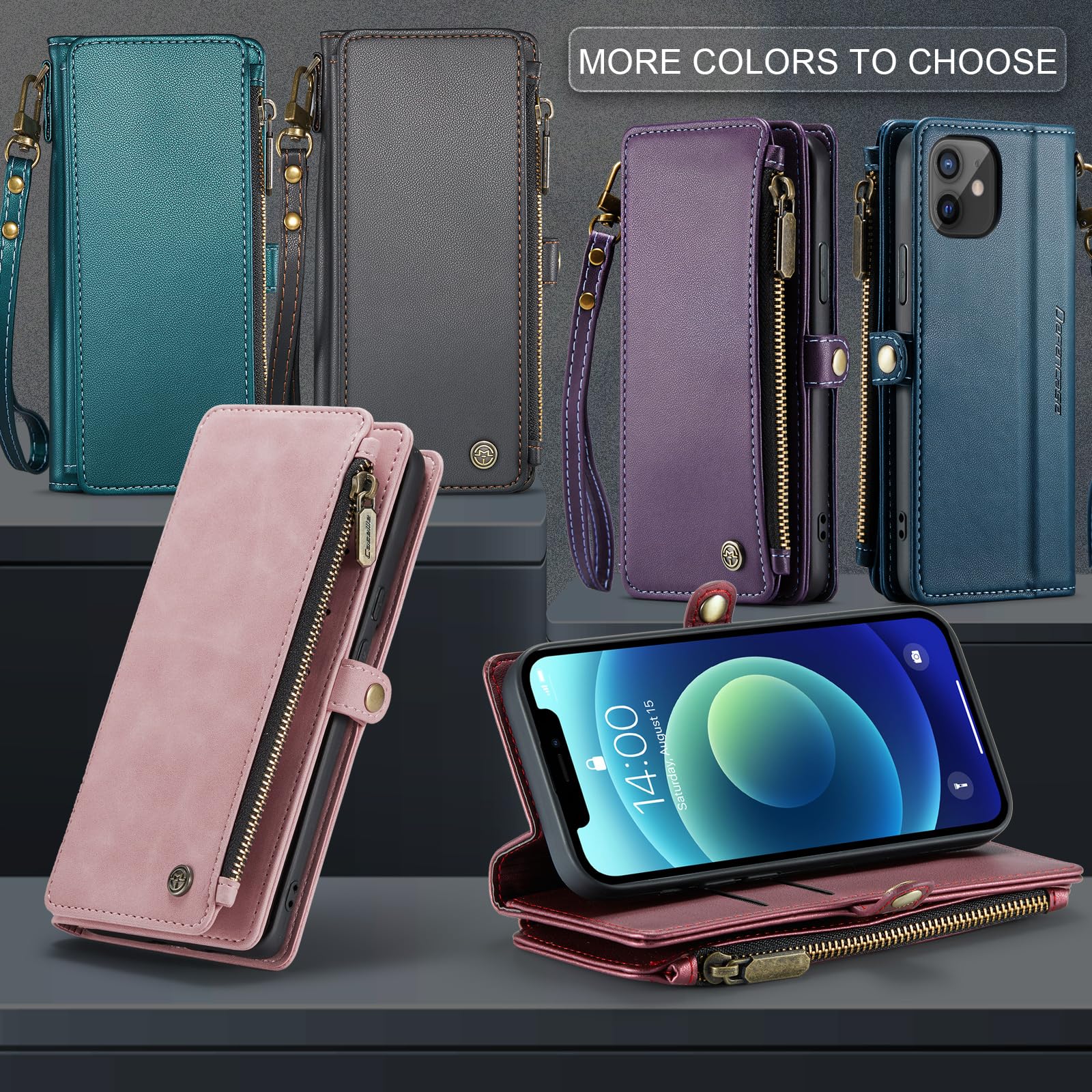 Defencase for iPhone 12/12 Pro Case, RFID Blocking for iPhone 12 Wallet Case for Women with Card Holder, Zipper Magnetic Flip PU Leather Strap Protective Cover for iPhone 12/Pro Phone Case, Blue Green