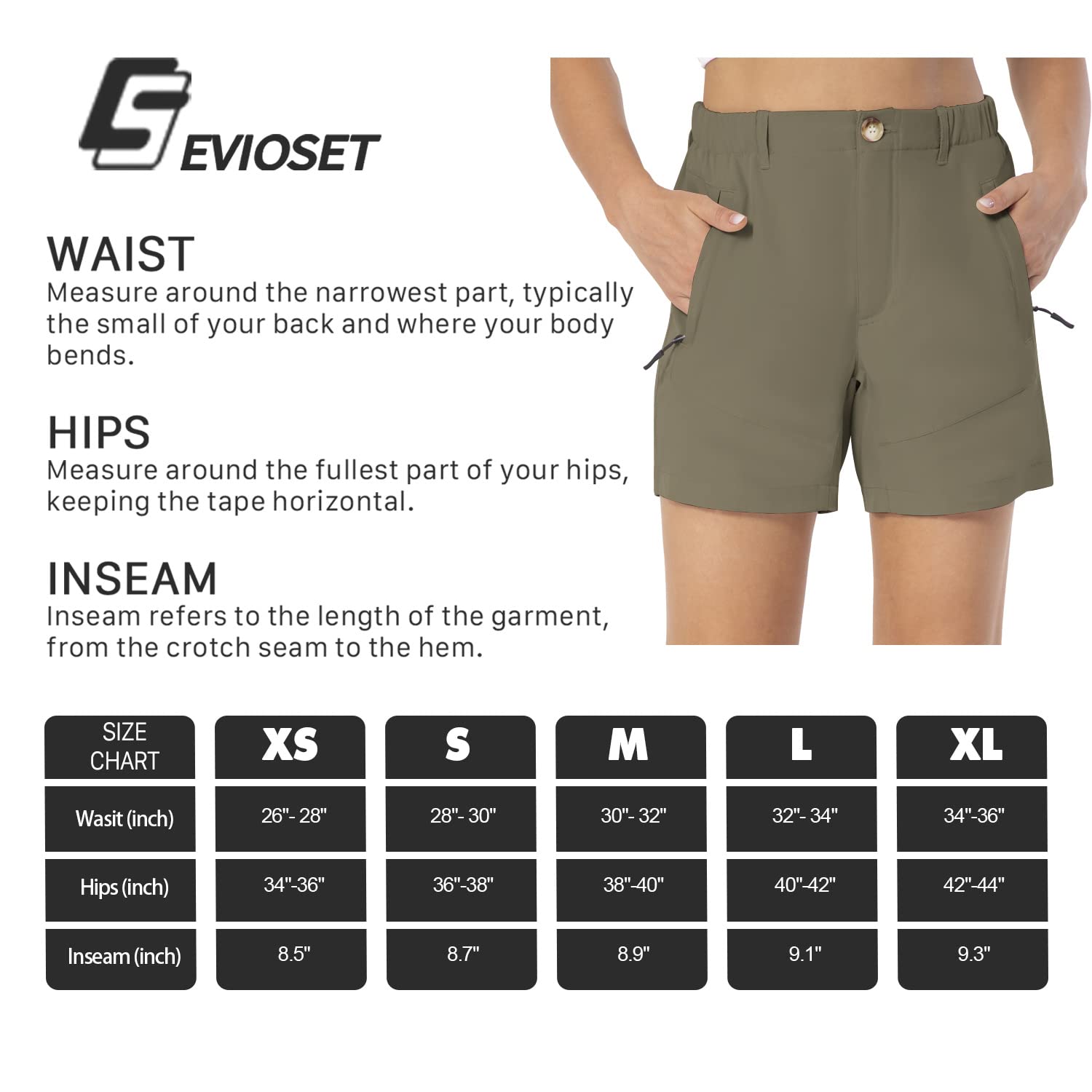 Evioset Womens 5 Inch Hiking Shorts Quick Dry Water Resistant Stretch Athletic Golf Shorts with Zipper Pockets Dark Green L