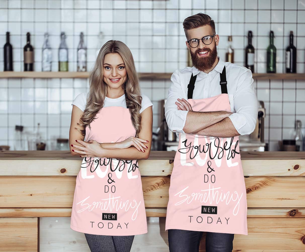 EKOBLA Love Yourself Do Something New Today Aprons Motivational Inspirational Quote Hand Drawn Lettering Waterproof Resistant Chef Cooking Kitchen BBQ Adjustable Aprons for Women Men 27x31 Inch