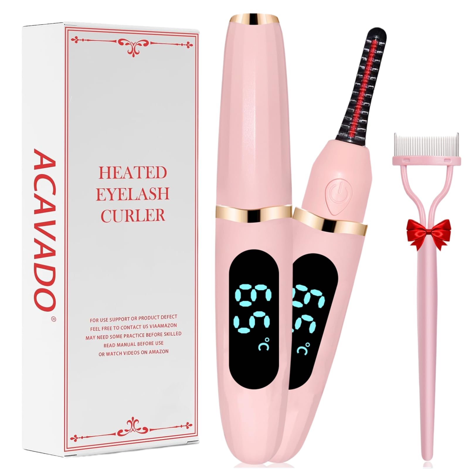 Heated Eyelash Curler, Heated Lash Curler Electric Eyelash Curler with Comb 3 Temp Settings for Makeup Tools for Achieving A Natural Curl and Long Lasting Eyelashes, Designed for Women, Pink,A