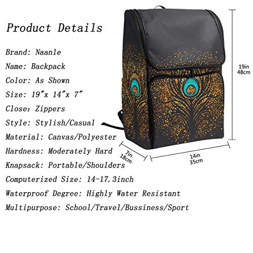 Naanle Stylish Beautiful Peacock Feather Gold Sparkling Pattern Casual Daypack College Students Multipurpose Backpack Large Travel Hiking Bags Computer Bag for Men Women